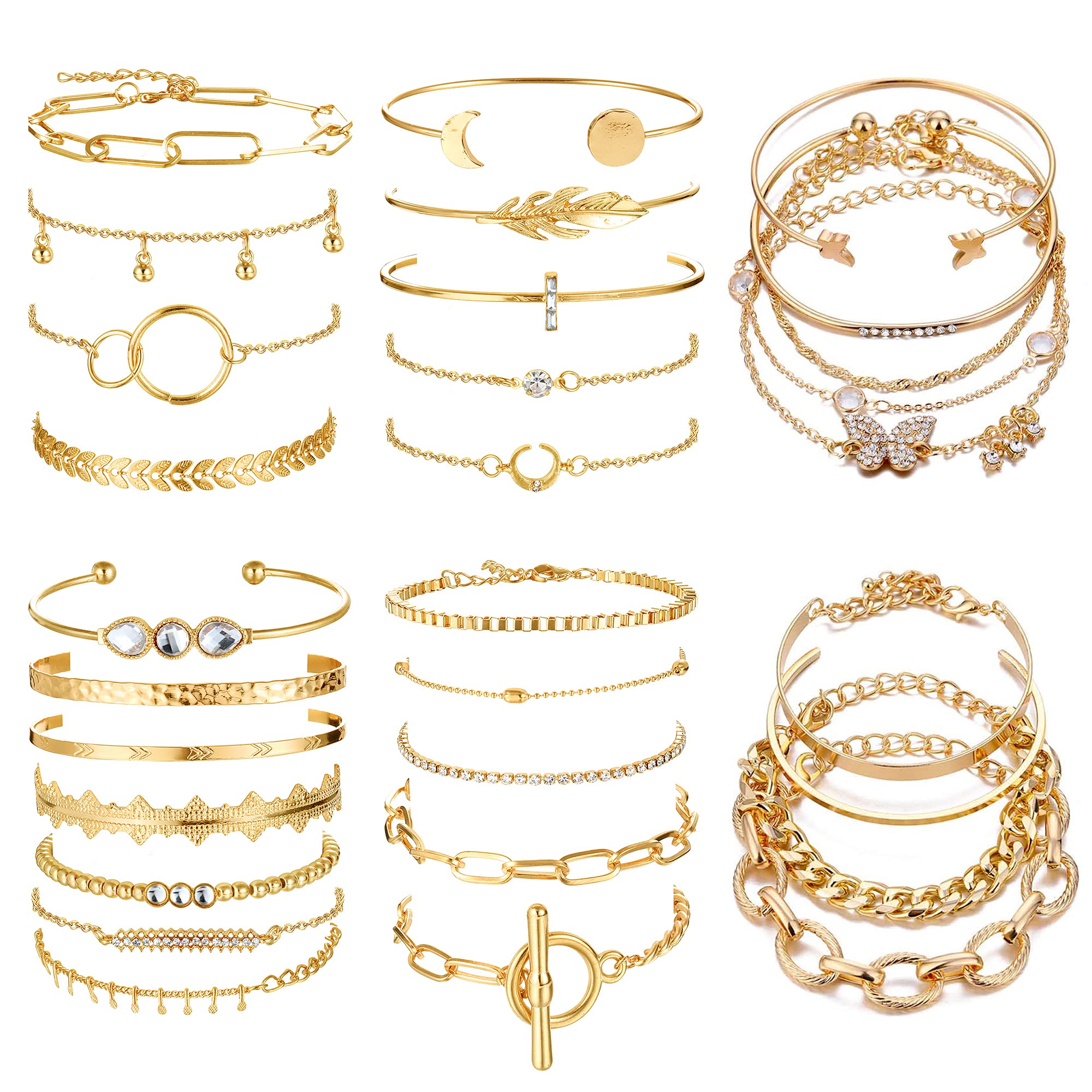 Magitaco 30 PCS (6 PACK) Boho Gold Chain Bracelets Set for Women Multiple Layered Stackable Open Cuff Wrap Bangle Adjustable Fashion Paperclip Link Italian Cuban Jewelry for Women Gift