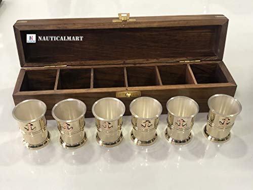 Nautical-Mart Brass Tequila Shot Glass with Anchor Monogram in Handmade Wooden Box β Six Glass Set