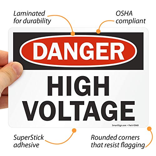 SmartSign (Pack of 4) 5 x7 inch “Danger - High Voltage” OSHA Sticker Labels, 5 mil Laminated Polyester with SuperStick Adhesive, Red, Black and White