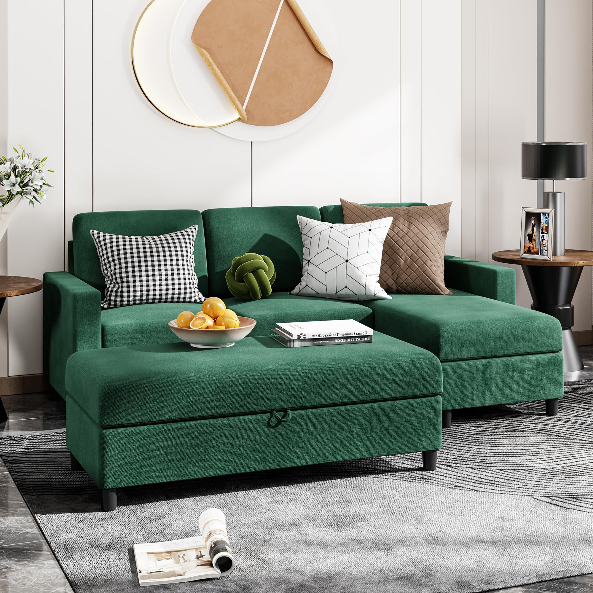 JAMFLY 79'' Sectional Sofa Couch with Storage Ottoman, Living Room Furniture Set Small Deep Convertible Sofa, L-Shaped Couch Wide Reversible Chaise with Linen Fabric (Deep Grey)