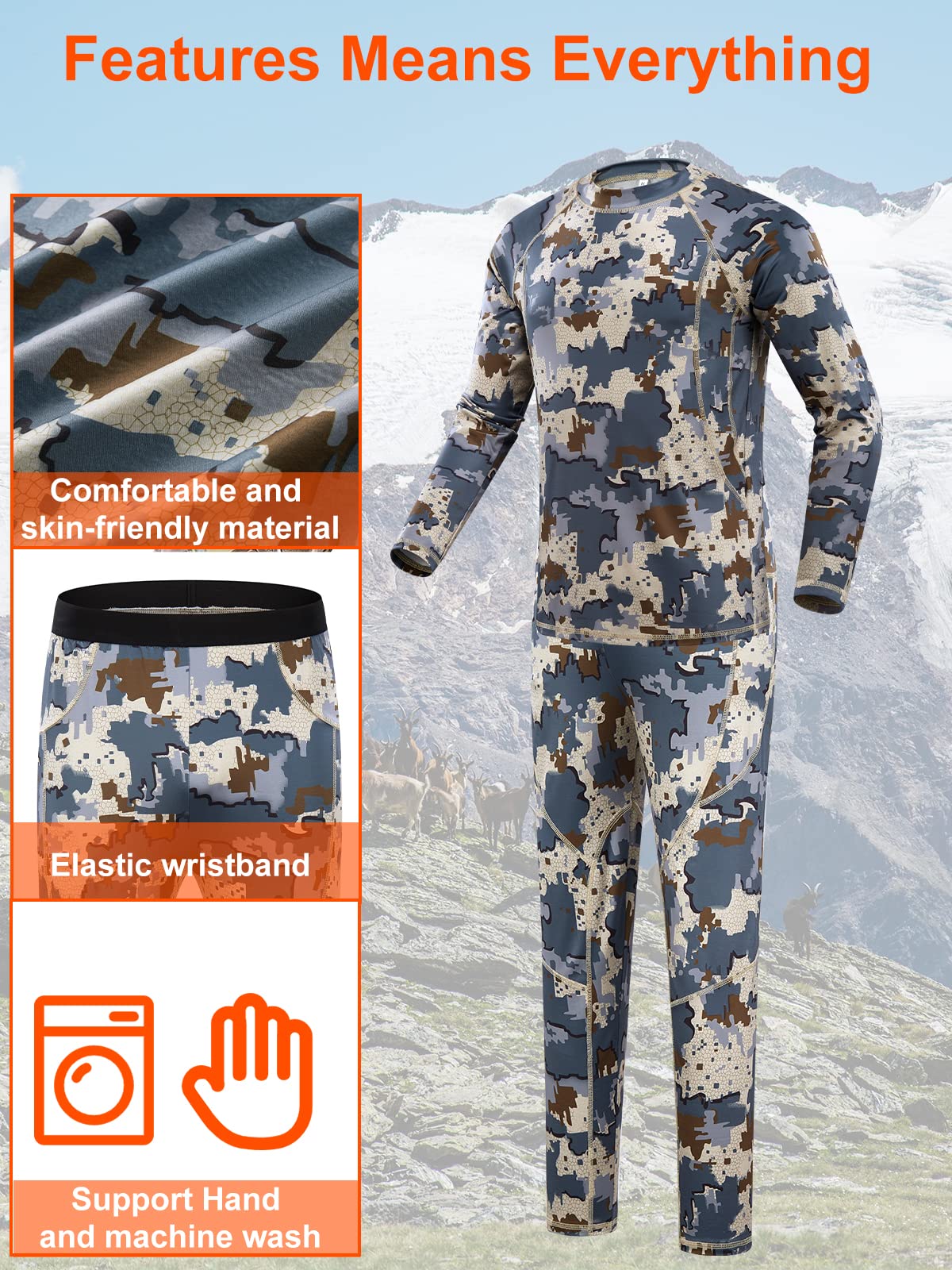 NEW VIEW Hunting Base Layer Underwear Set for Men, Camo Long Sleeve Shirt and Long John Pants