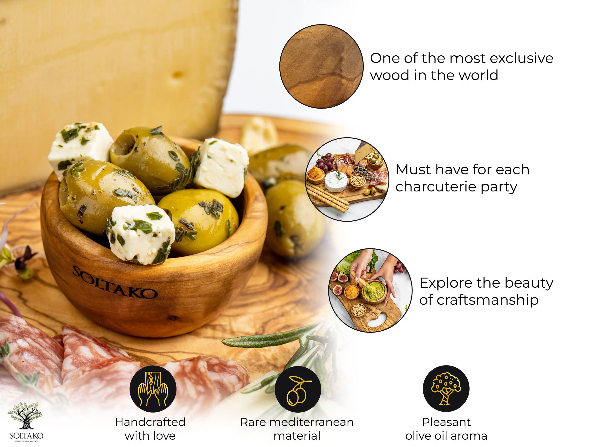 SOLTAKO 4 mini dip bowls set of olive wood - tapas bowls set - small Mediterranean bowl for olives & BBQ sauces - dip bowl for - Ø 6 c