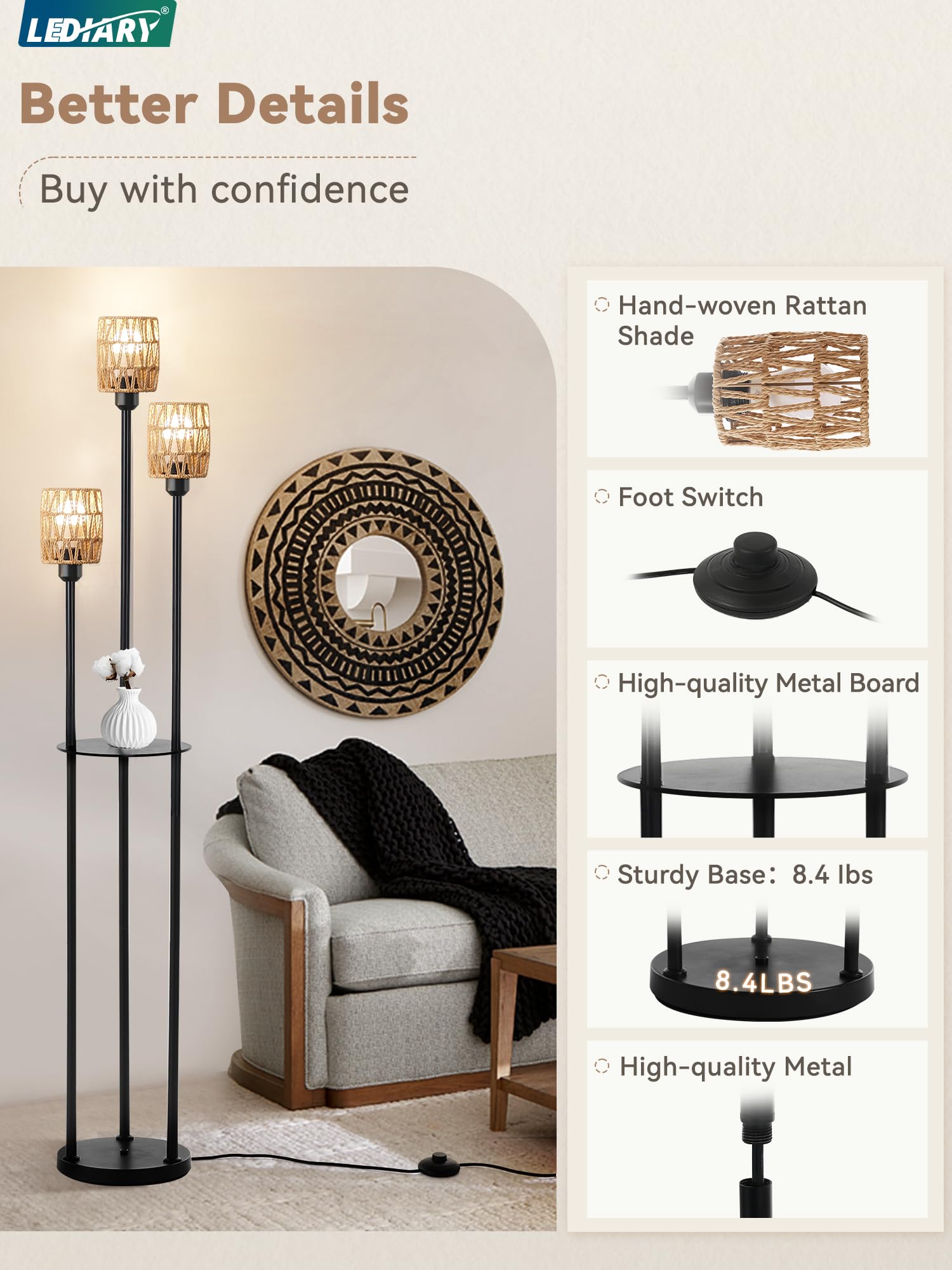 LEDIARY 65" Boho Floor Lamp for Living Room Rattan Floor Lamp with Shelves, 3 LED Bulbs Included Standing Lamp, Floor Lamp for Living Room, Bedroom, Office