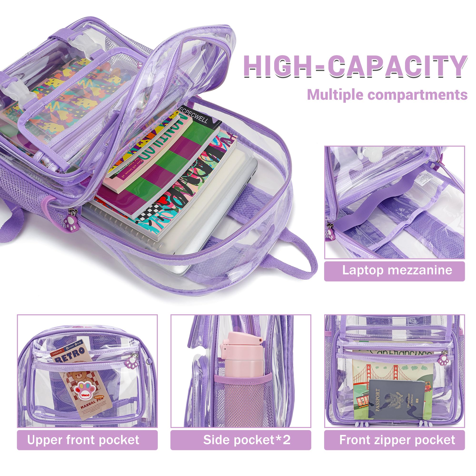Maod Clear Backpack Stadium Approved Heavy Duty for School Women Men Large PVC Transparent Bookbags with Adjustable Shoulders (Purple)