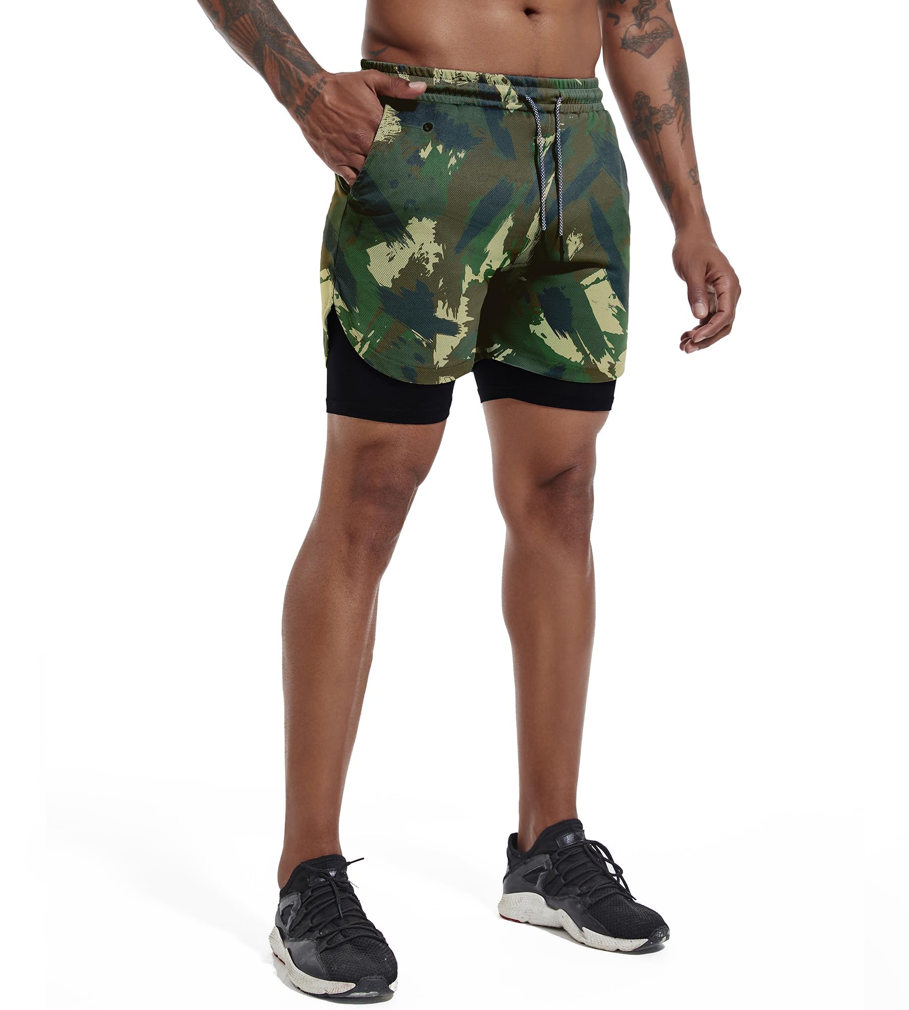Men's 2 in 1 Workout Gym Running Shorts Athletic 7'' Dry Fit Mens Shorts Lightweight Short Pants with Compression Liner(CMGN L) Camouflage Green