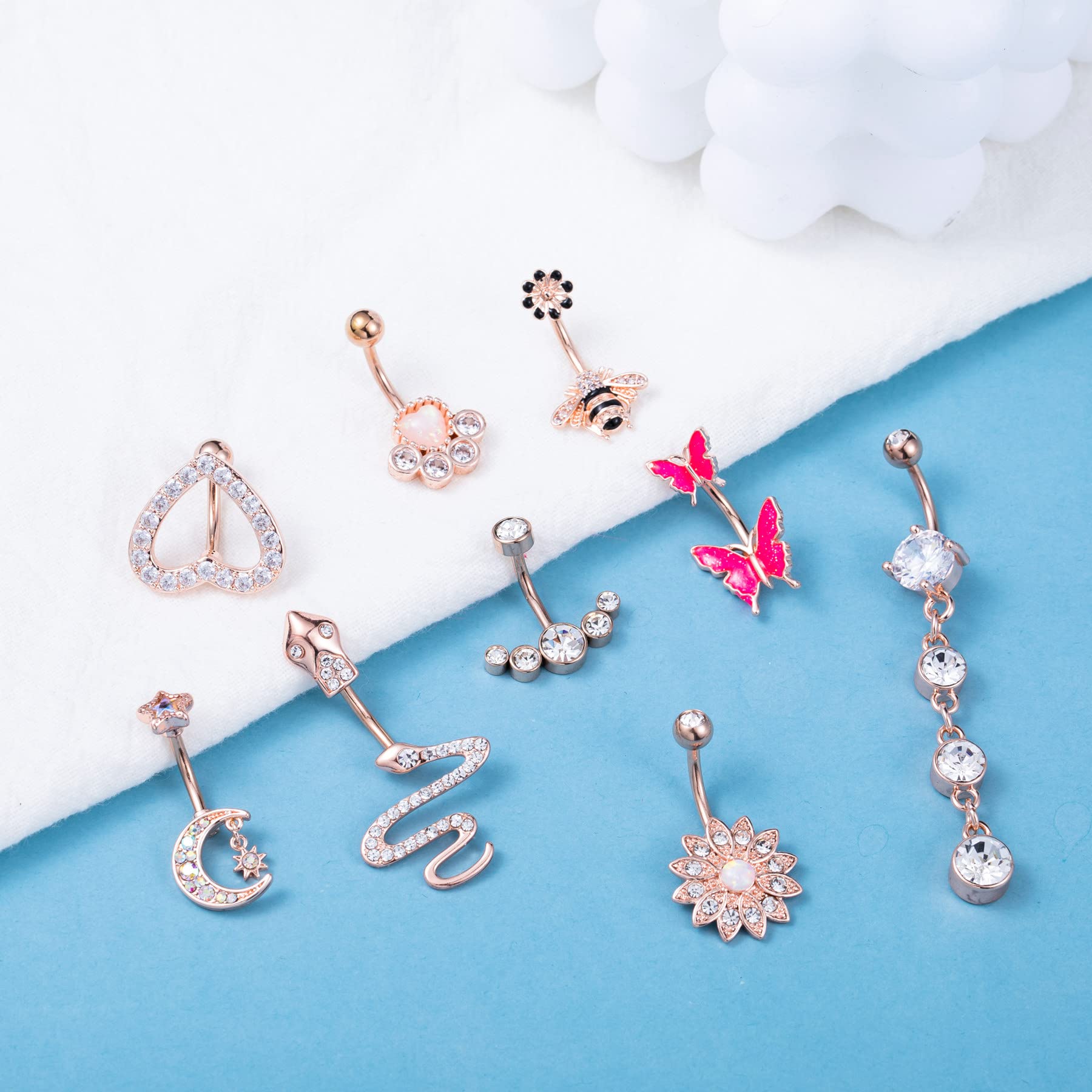 NICEIGHT 9PCS Stainless Steel Belly Button Rings Dangle Belly Rings for Women Heart Moon Snake Flower Navel Rings Body Jewelry Piercing Rose Gold