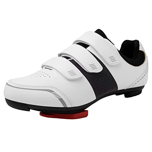 Men's Cycling Shoes Indoor Road Bike Shoes Reflective Hook-Ring Compatible Peloton with Delta Cleats,White,8.5