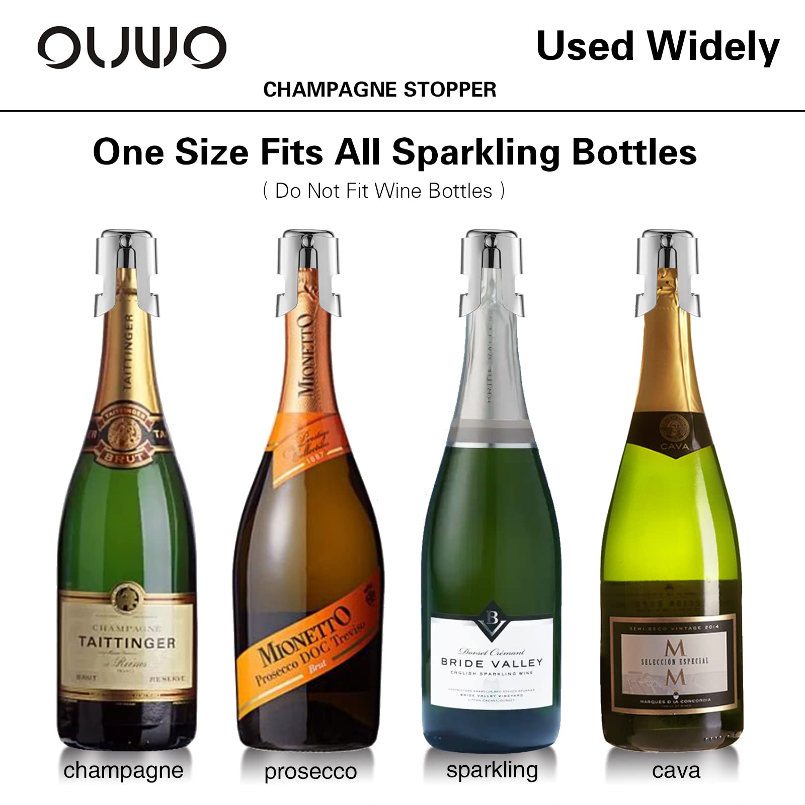 OUWO Champagne Stopper 6 Pack Stainless Steel Champagne Save with Food Grade Silicone,Leak-Proof Bubble Retaining Saver,Suitable for Champagne Prosecco Cava and Sparkling (Silver)