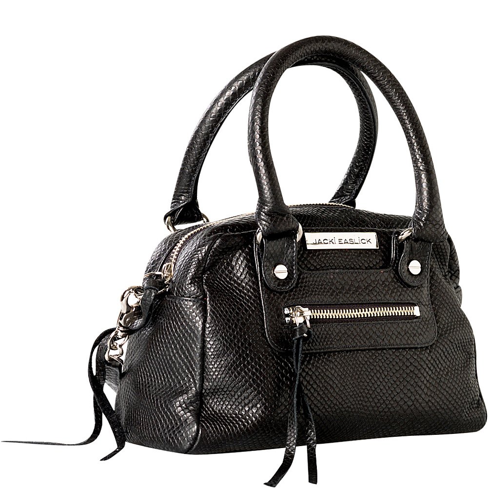 Jacki Easlick leather handbag for women, mini satchel bag, embossed texture, color is black, includes long crossbody strap