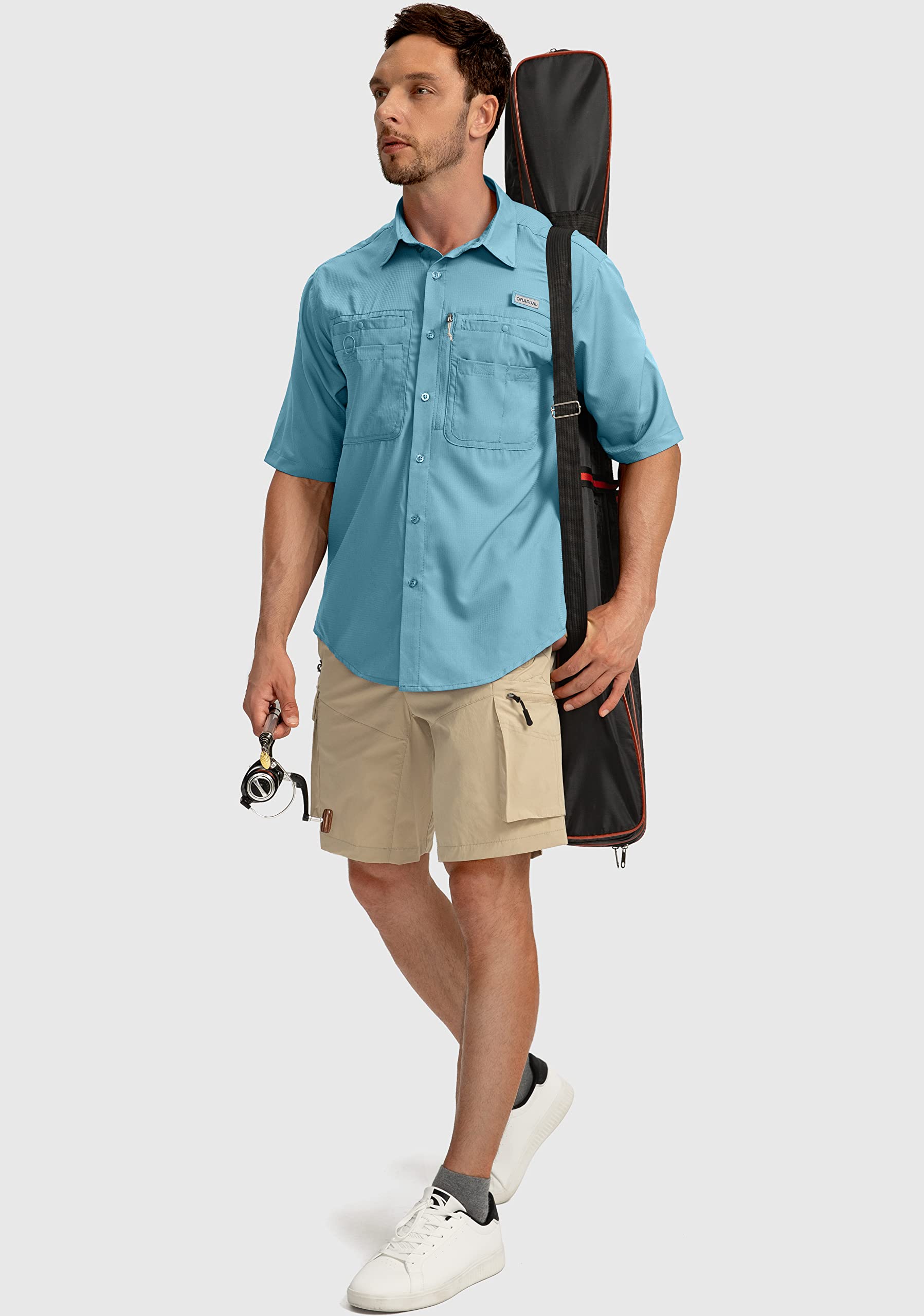 Men's Fishing Shirts with Zipper Pockets UPF 50+ Lightweight Cool Short Sleeve Button Down Shirts for Men Casual Hiking(Capri, 3X-Large-New)