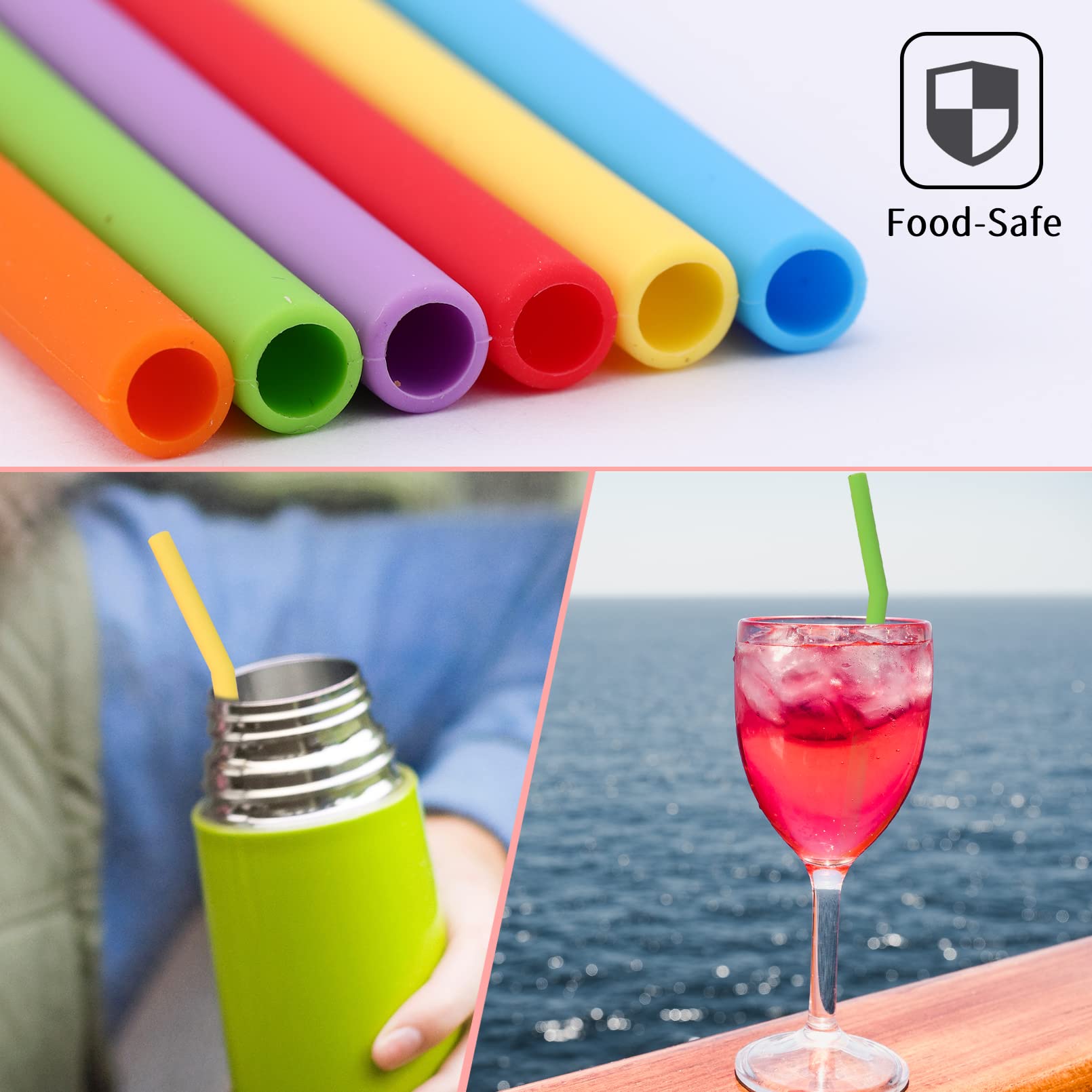 RAIBEATTY Reusable Silicone Straws,18Pcs Silicone Drinking Straws,6.7" Flexible Short Drink,BPA Free Silicone Straw for 6-12 oz Tumblers & 3 Cleaning Brush,No Rubber Taste,6 Colors