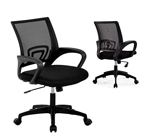 YKCUL 2 pcs Home Office Desk Chairs for Bedroom Office Swivel Chair Ergonomic Desk Chair with Arms Mesh Computer Desk Chairs for Adults Adjustable Mid Back Task Chair with Lumbar Support, Black
