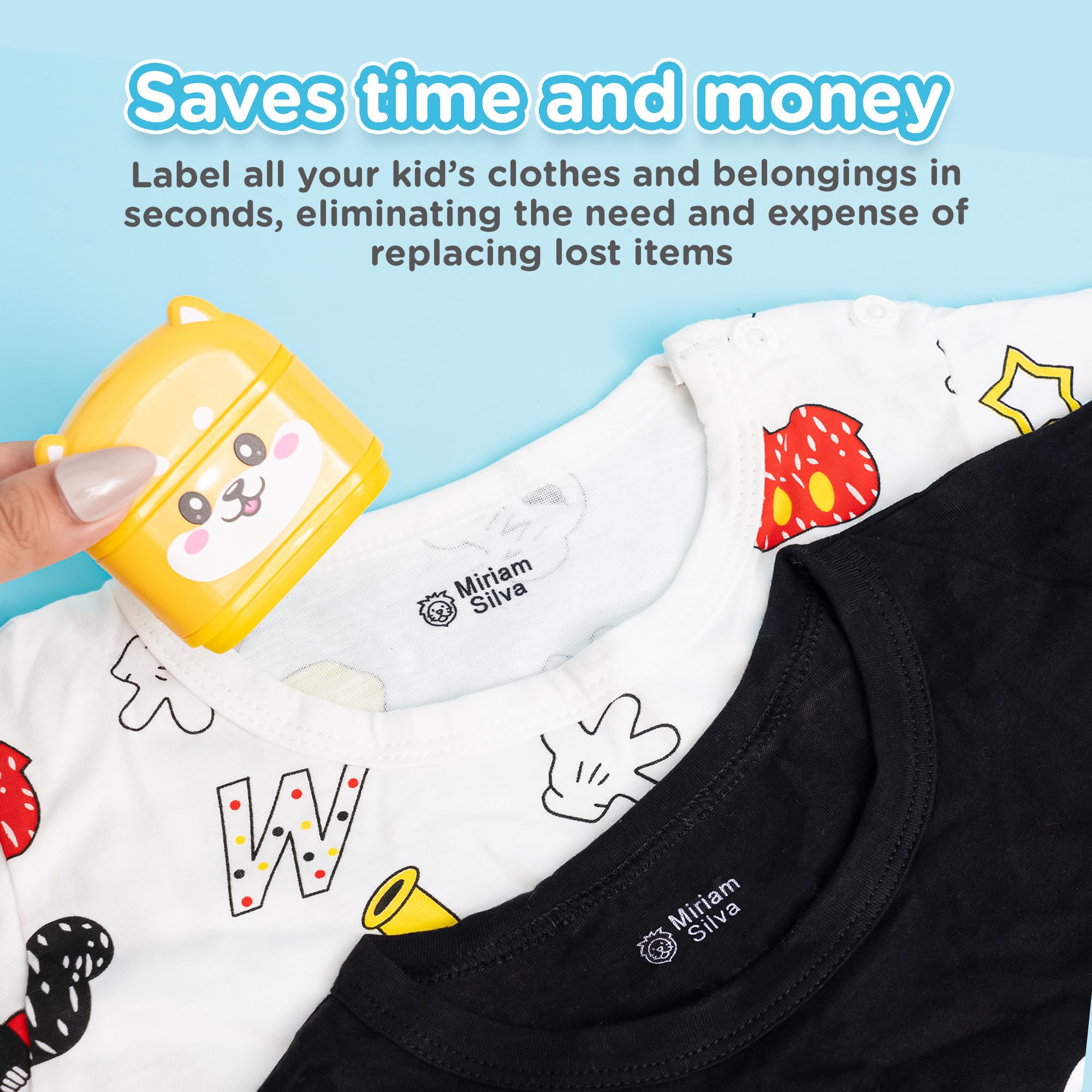 KiddoSpace Name Stamp for Clothing Kids - Kiddostamp⢠Customized Double Sided Name Stamp - Personalised Clothing Stamps - Waterproof Name Stamp (White + Black Ink)