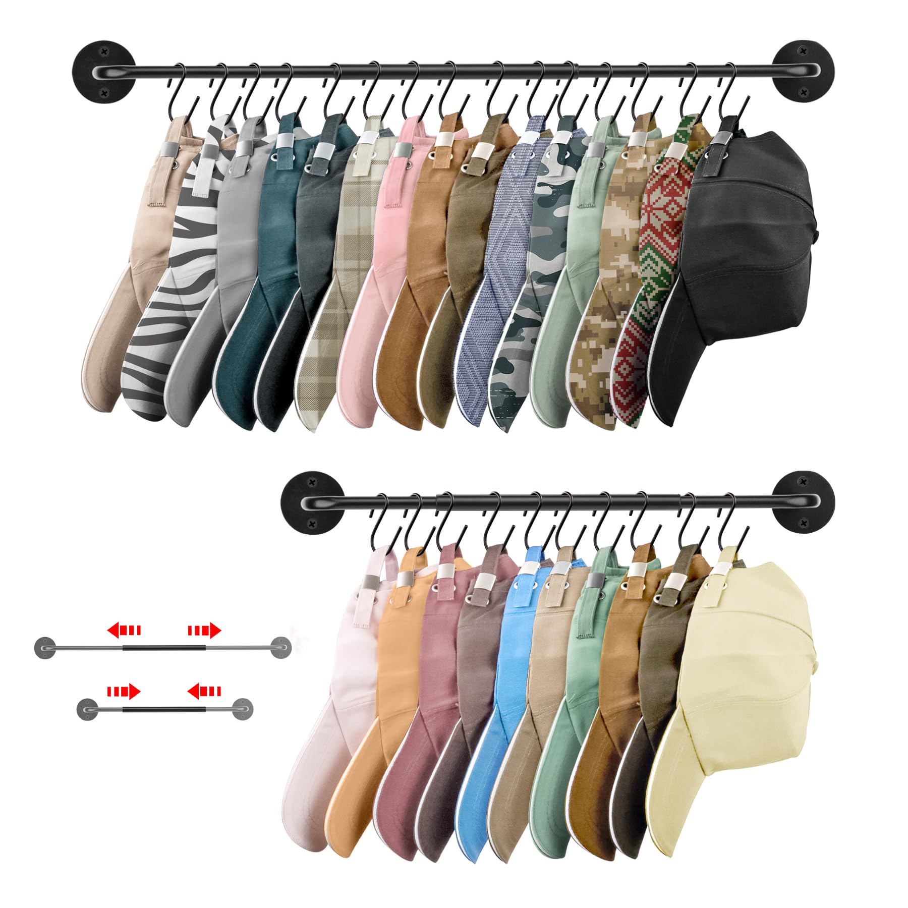 Yiiwinwy Hat Organizer,Retractable Hat Racks for Baseball Caps,Baseball Hat Storage Organizer,hat rack for wall,Set of 2 with 30 Hooks for Closet Door Bedroom Entryroom Laundry
