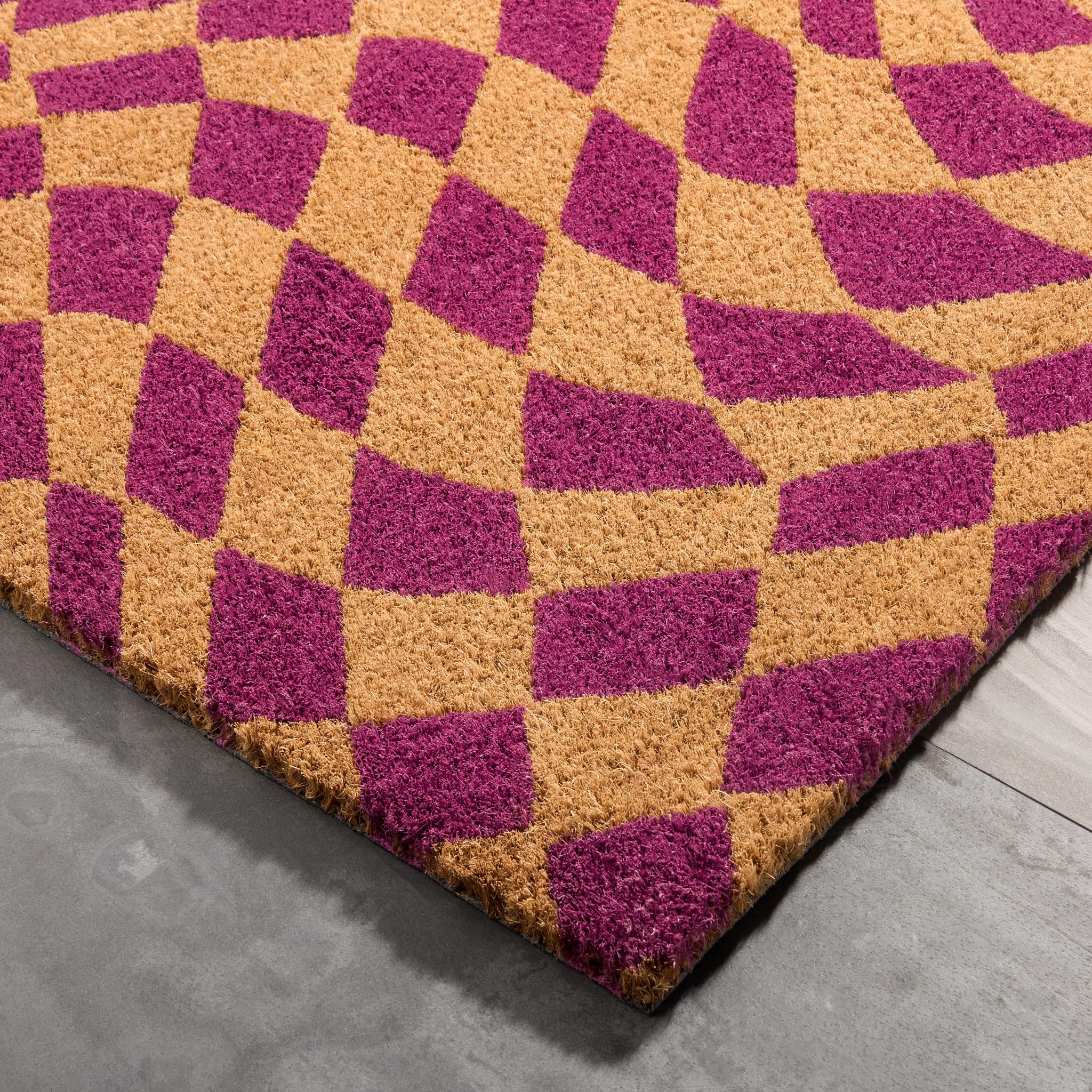 TOWN & COUNTRY TERRA Emmett Groovy Checkerboard Door Mat, Natural Coir, Heavyweight, Non-Slip Entryway Mat, Purple, 18"x30"