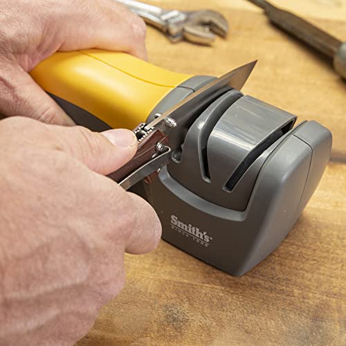 Smith’s 50005 Edge Pro Compact Electric Knife Sharpener - Yellow & Grey - Straight Edge 2 Stage Sharpener - Electric & Manual Sharpening - Blade Guide - Outdoor & Kitchen - Pocket & Filet Knives