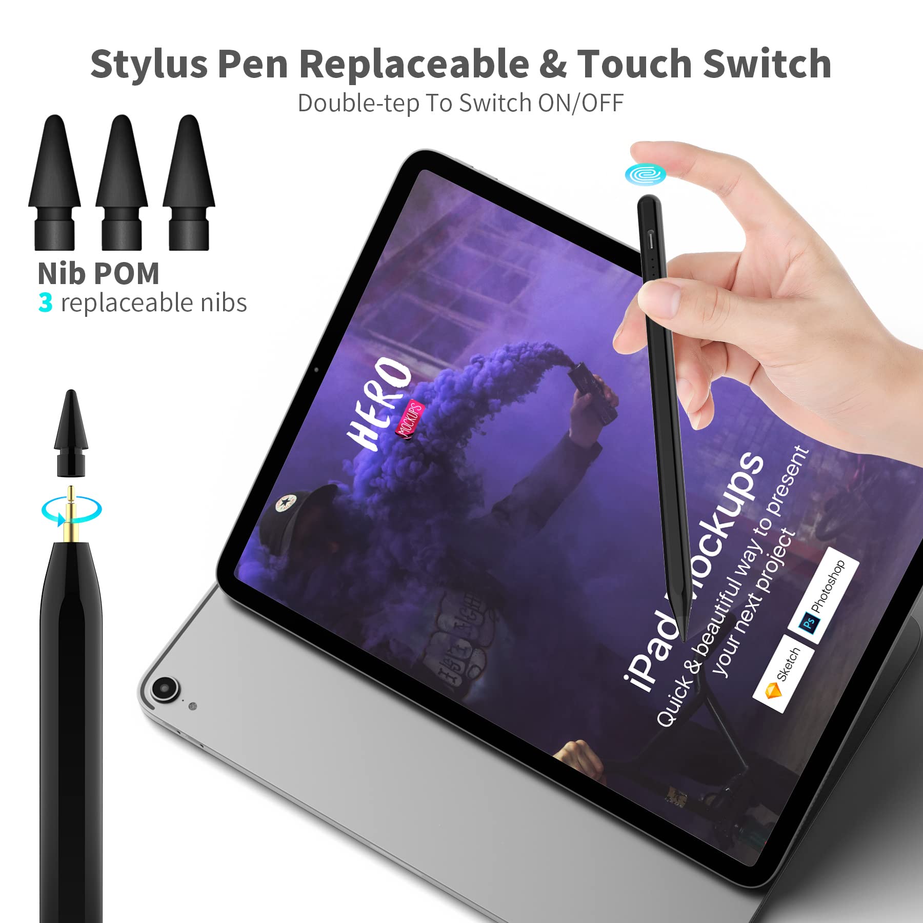 Stylus Pen Compatible with Apple Pencil 2nd Generation, iPad Air 4th/5th, iPad Mini 5th/6th, iPad Tablets, iPad Pro 11/12.9-inch (2018-2022), Palm Rejection, Tilt, Magnetic Adsorption, Power Display