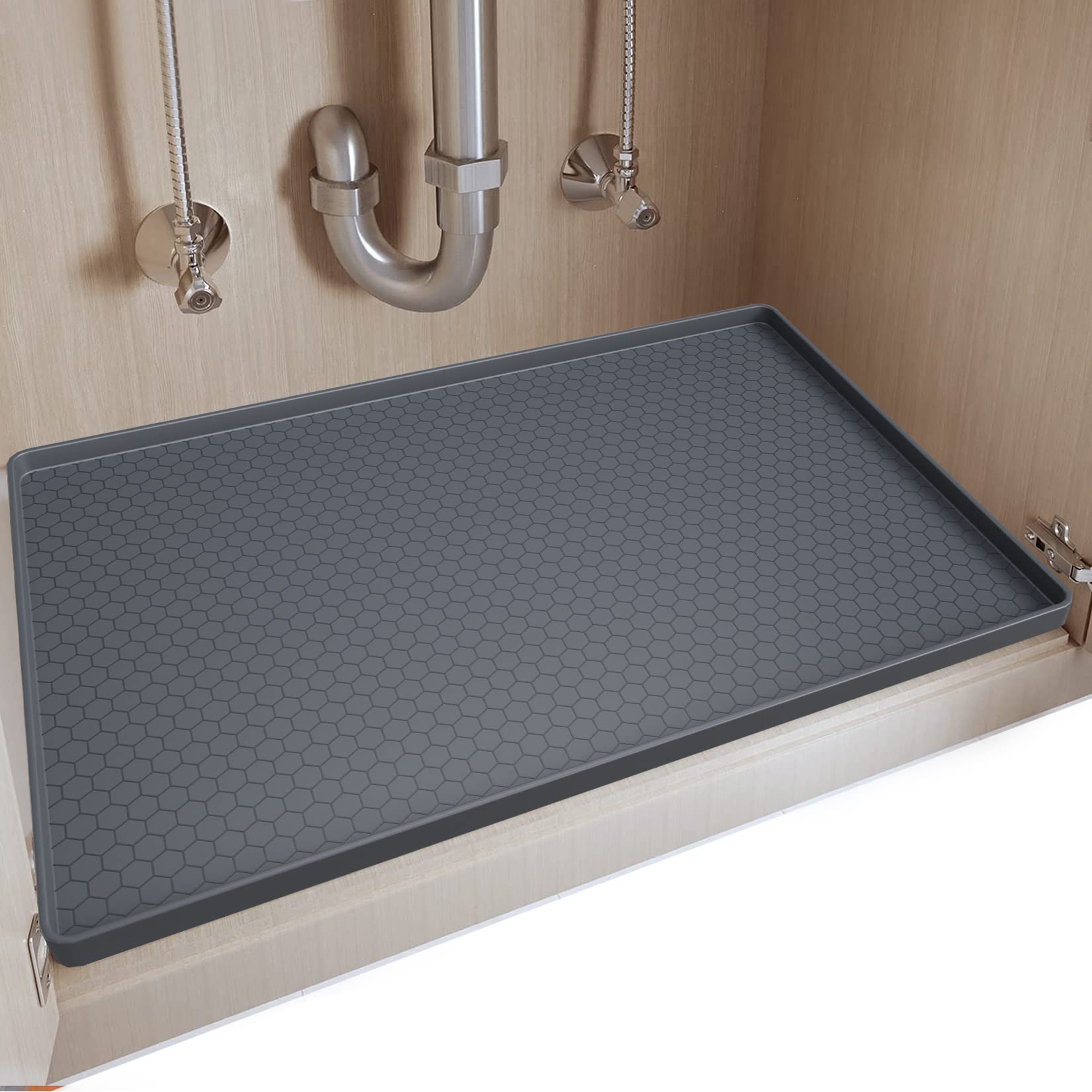 MARAL'S SHOP Waterproof Under Sink Mat - Cut to Fit Sink Mat for Kitchen & Bathroom Cabinet - Tray Liner with Drain Outlet for Liquids, Water - Durable, Flexible & Washable Silicone Material - 34x22"