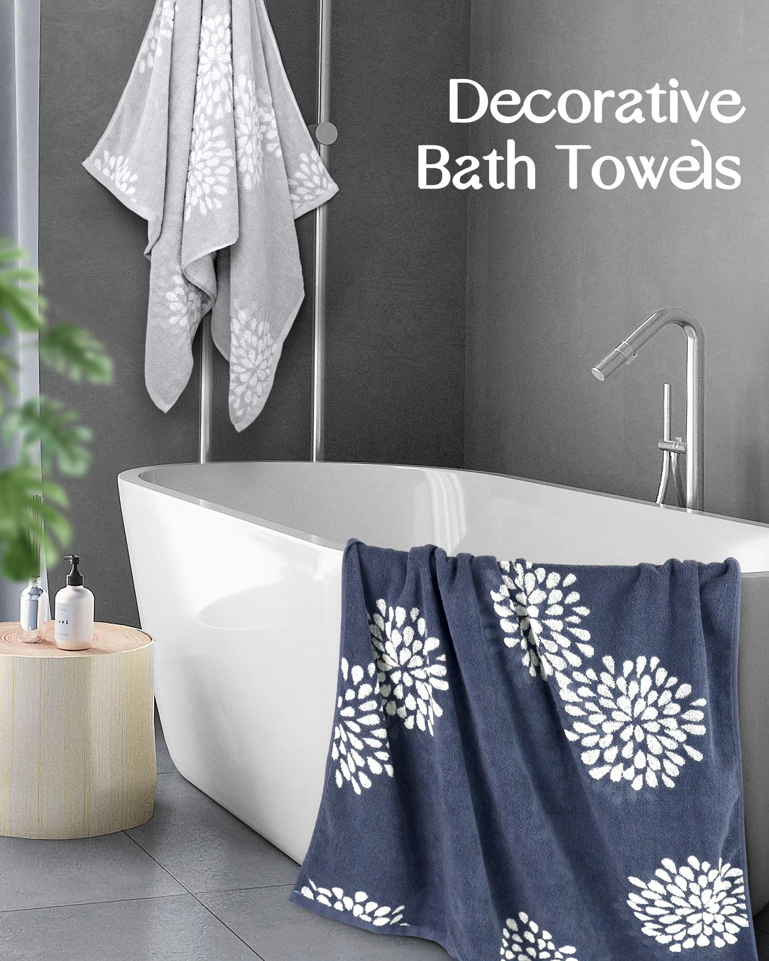 Jacquotha 2 Pack Cute Bath Towels Hydrangea Floral Jacquard - Extra Soft Absorbent Bathroom Towels for Shower Gym Pool, Denim Blue & Light Grey, 55" x 28"