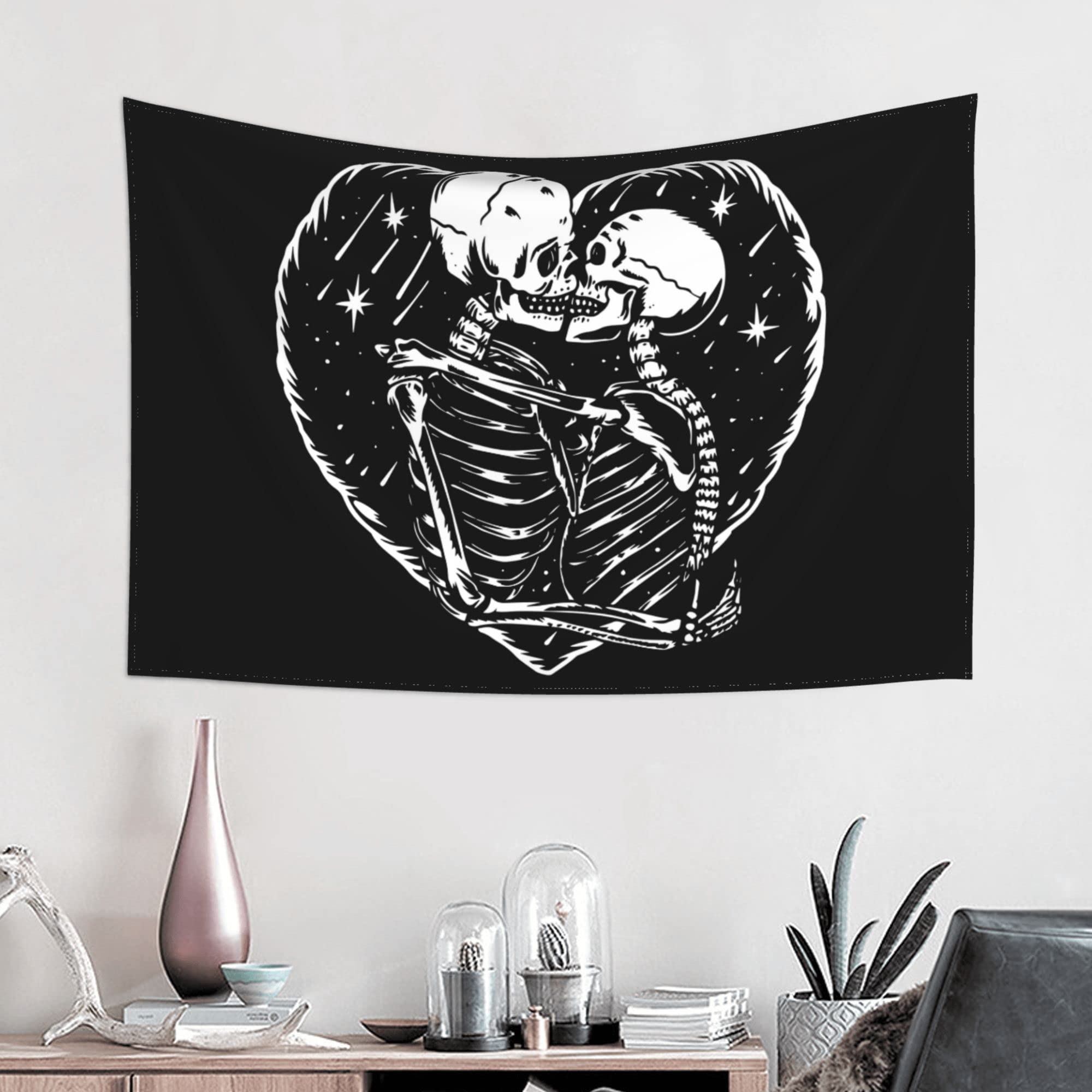 Monond Art Poster Tapestry Skull Skeleton Love Kissing Black Wall Hanging Boho Studio Room Decoration Curtain Handicrafts Trippy Small Tapestries 60"×40" for Wall Balcony Decor