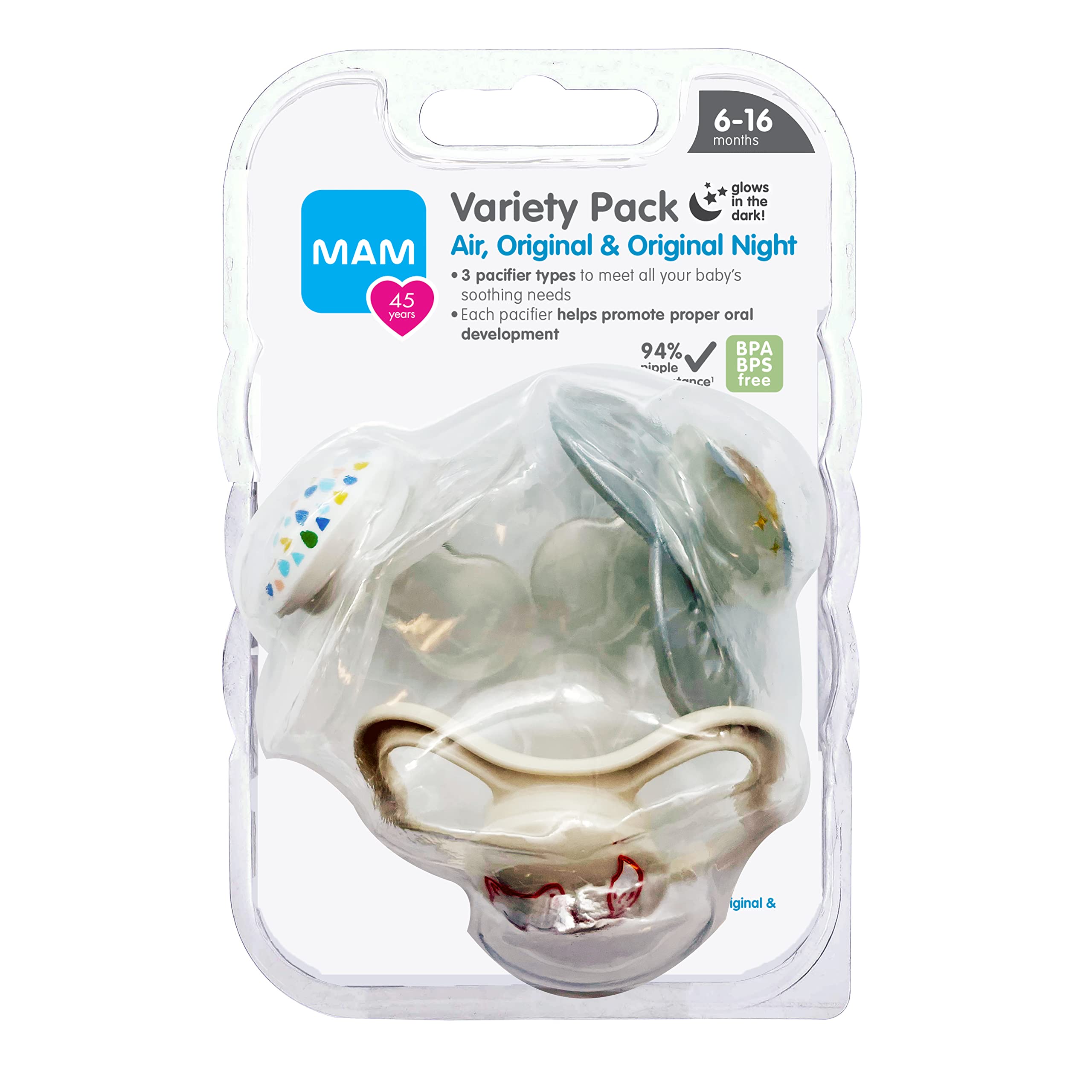 MAM Variety Pack Baby Pacifier, Includes 3 Types of Pacifiers, Nipple Shape Helps Promote Healthy Oral Development, 3 Pack, 6-16 Months, Boy,3 Count (Pack of 1)