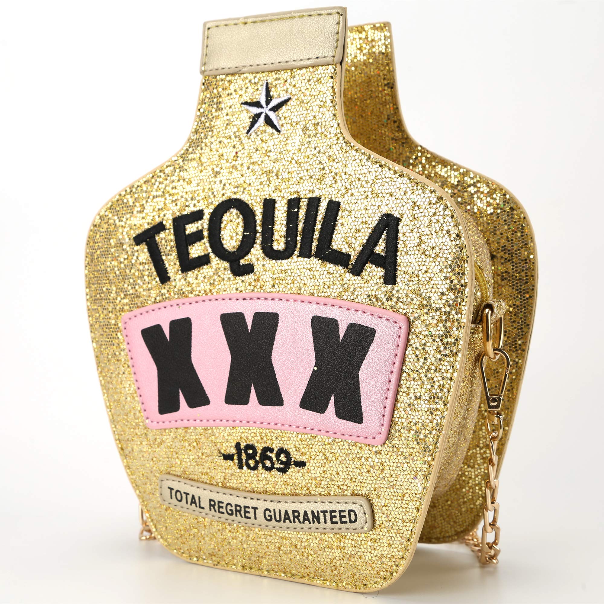 Ondeam Tequila Bottle Shaped Laser Shoulder Handbags,Pu Crossbody Purse for women(Gold B)