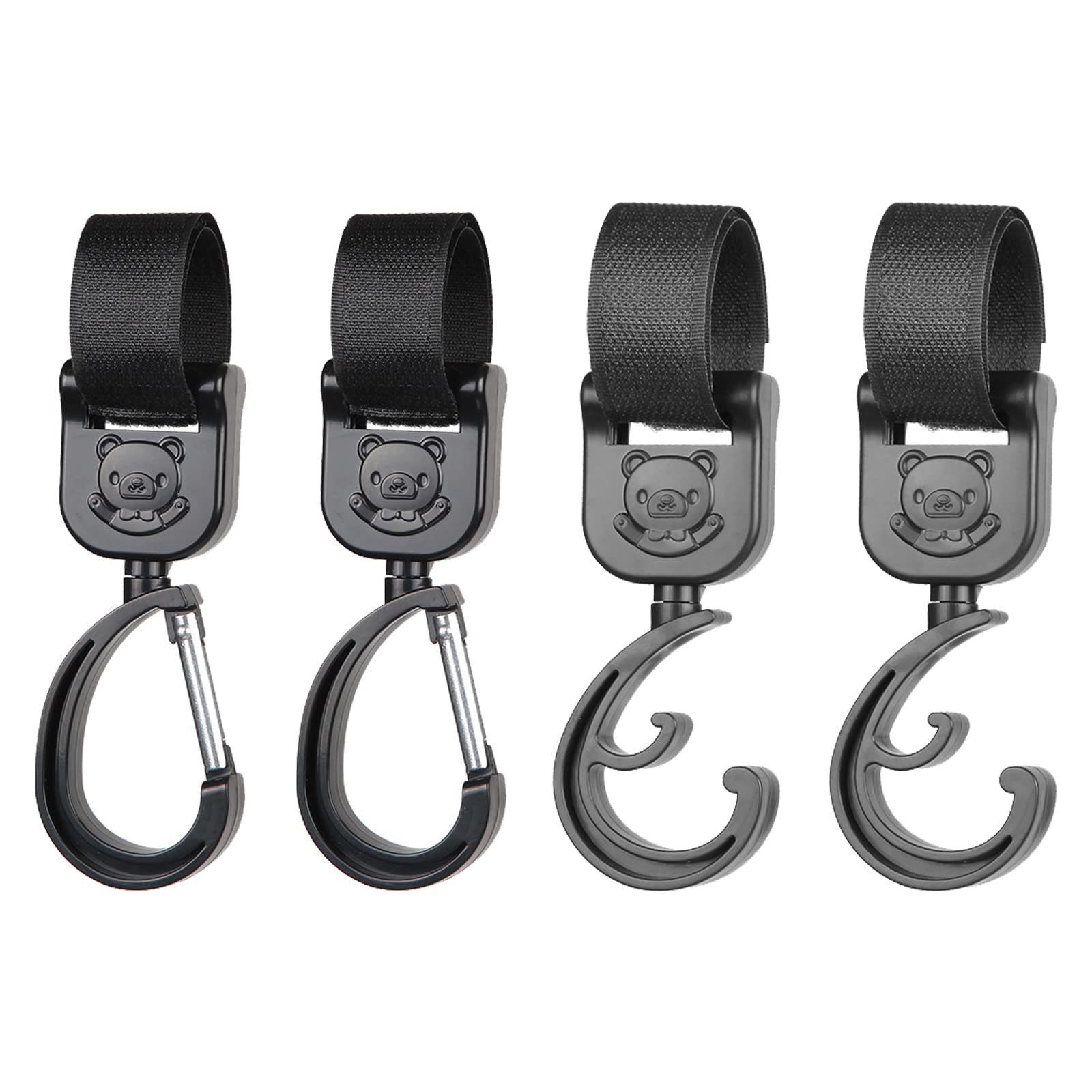 Stroller Accessories,Stroller Hooks,Cute Bear Model Baby Stroller Hooks Clips,Adjustable Multipurpose Hooks,for Stroller Organizer,Hanging Diaper Bags,Purse,Groceries.(4Pack,2 Style,Black)