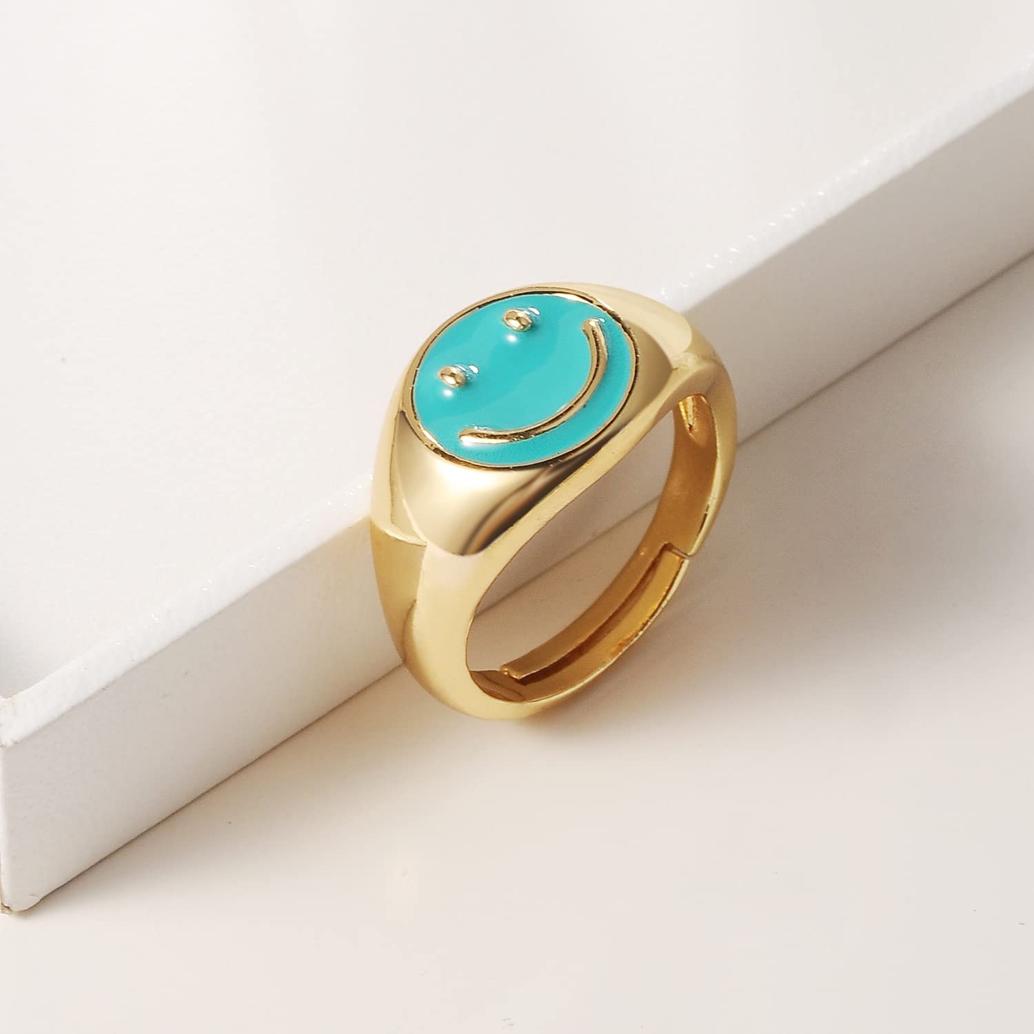 NC 5 Pcs Gold Plated Smiling Face Rings 5 Colors Y2K Cute Ring Adjustable Opening Ring Environment Friendly and Harmless