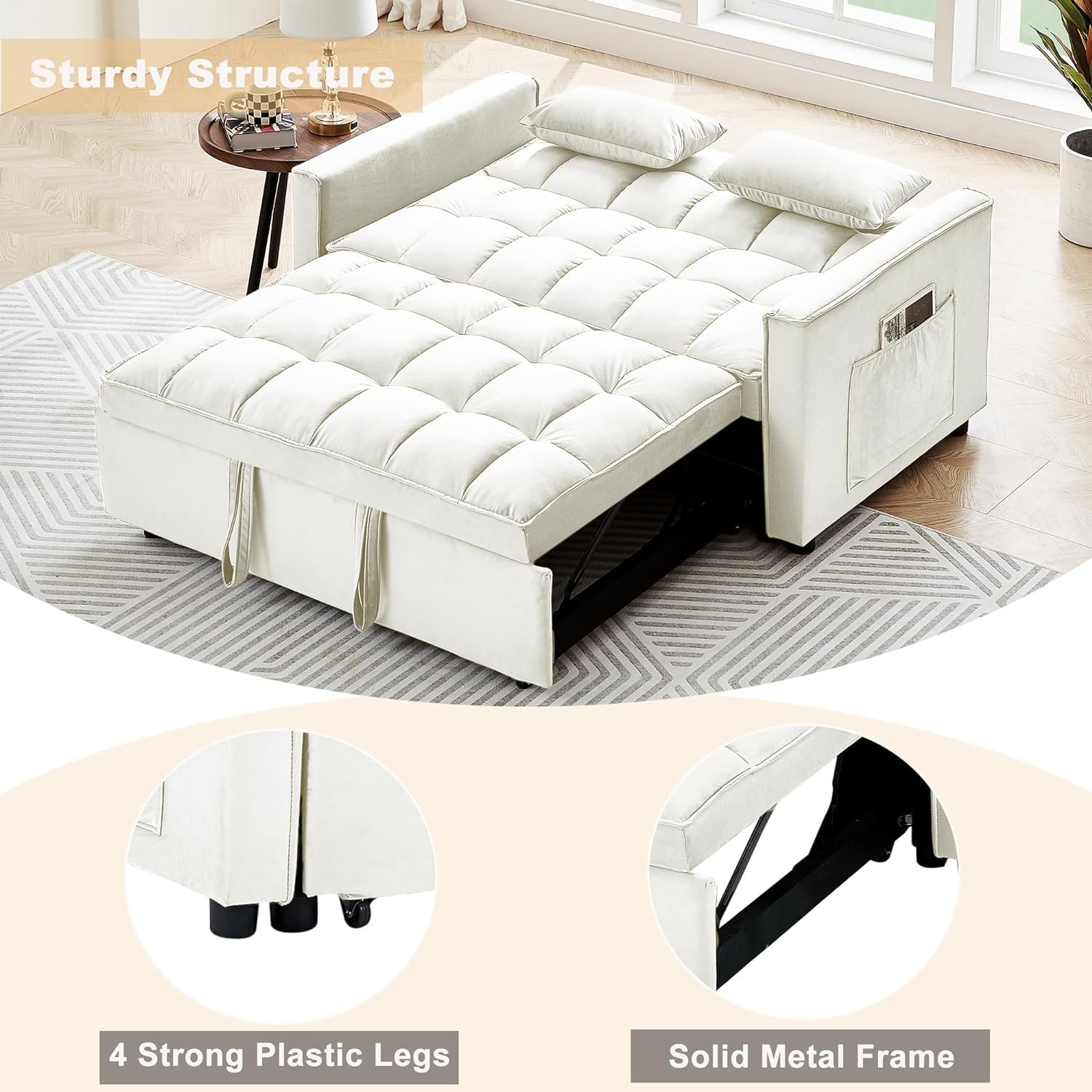 Velvet Sleeper Sofa Couch Bed,3 in 1 Small Modern Convertible Loveseat Futon Sofa with 3 Level Adjustable Backrest, Storage Pockets, Toss Pillows, Pull Out Loveseat Sleeper for Living Room (Beige)