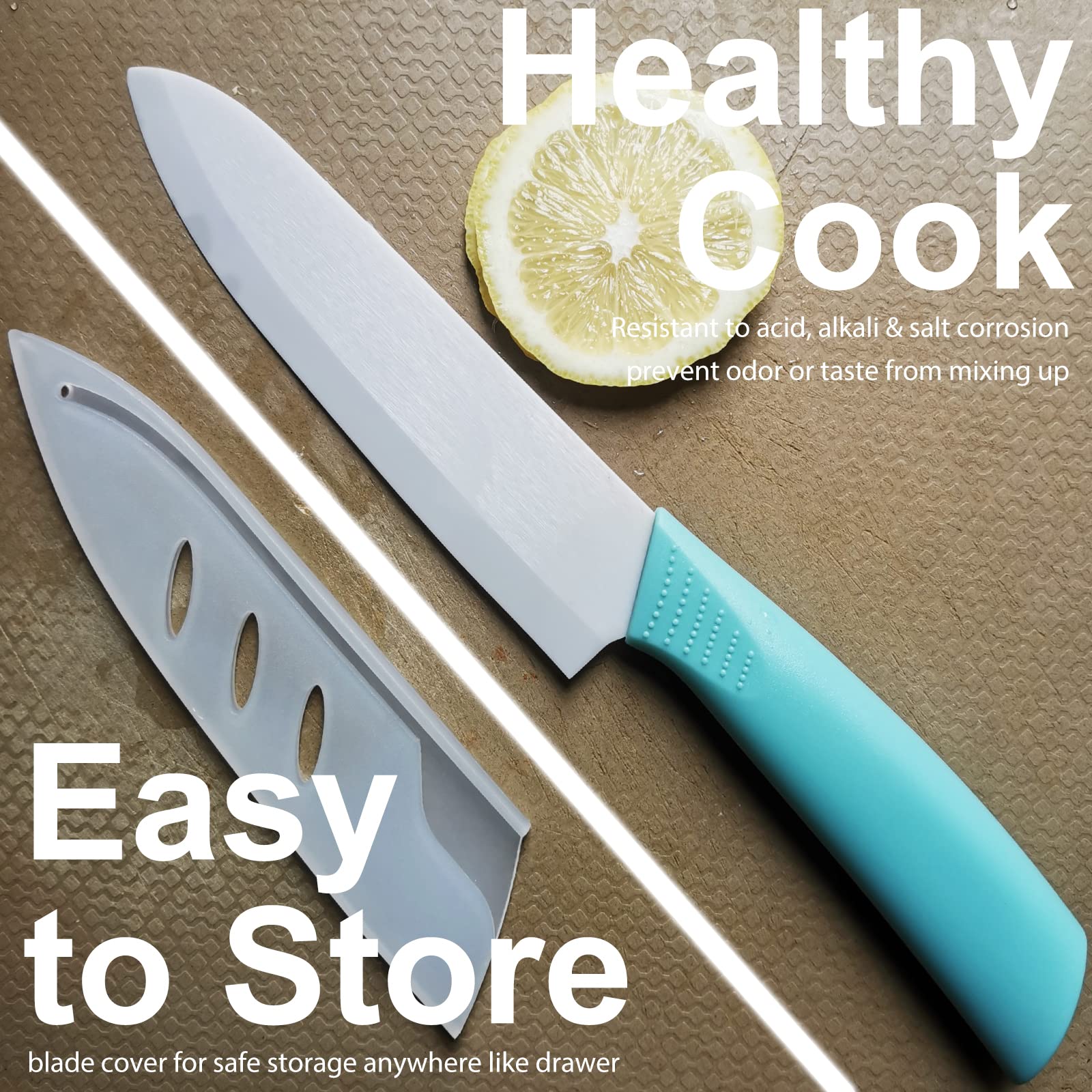 Rynal Ceramic Knife Chef Knife Meats Fruits Vegetables Knife - Sharp Ceramic Kitchen Knife with Sheath Cover - 6 Inch Aqua Cooking Knife