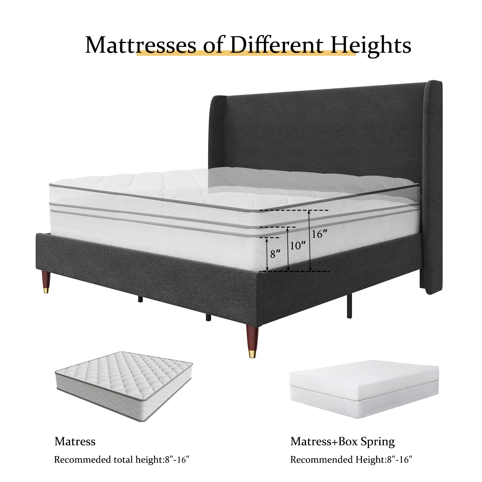 Jocisland King Size Bed Frame Upholstered Bed Frame King Platform Bed with Wingback Headboard/No Box Spring Needed/Easy Assembly/Dark Grey