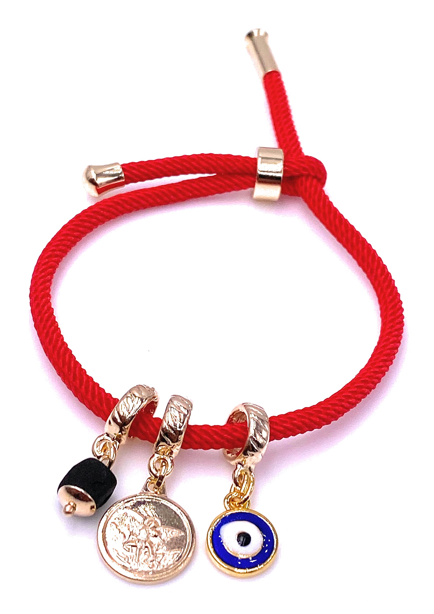 LESLIE BOULES Red Charm Bracelet Saint Michael Archangel Medal Genuine Azabache Stone and Blue Evil Eye Pendant