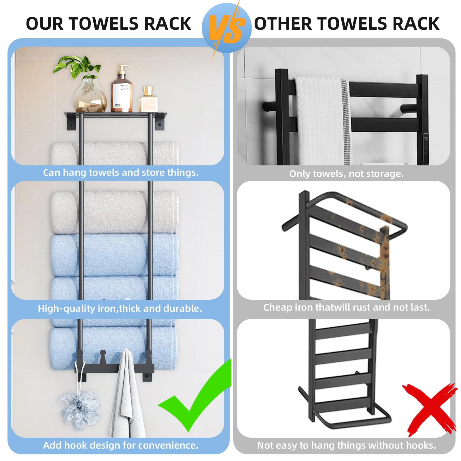 Towel Racks for Bathroom Wall Mounted, Rolled or Folded Towel Holder with Metal Shelf and 4 Hooks for Small Bathroom, Wall Mounted Metal Bathroom Organizer, Sturdy and Large Capacity (1 Shelf)