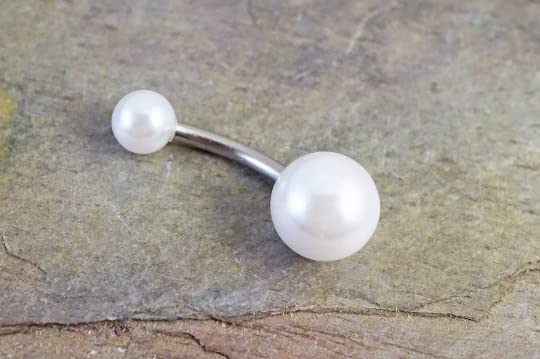 PAIR CLASSIC WHITE FRESHWATER PEARL 316L STEEL BELLY BUTTON BARBELL NAVEL RING Style 88888-1201