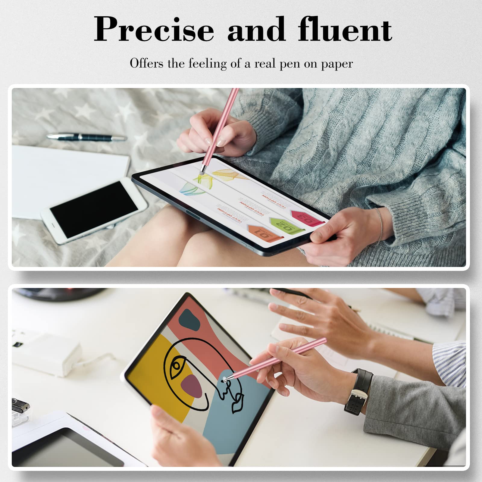 Stylus Pens for iPad(2 Pack) - MEKO 2 in 1 High Sensitivity Stylus Pencil for All Touch Screens with Magnetic Caps Compatible with Apple iPad, iPhone, Android, Microsoft Tablets -White/Rose Gold