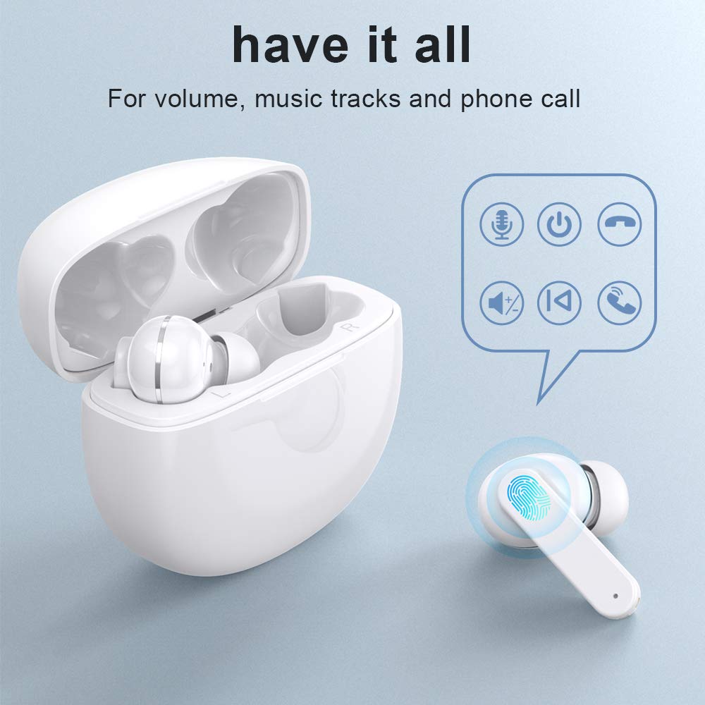 KINGSTAR Wireless Earbuds, Bluetooth 5.0 Touch Earphones Control TWS Headphone Stereo Type-C Quick Charge in Ear Headset with Single Twin Mode Headphones for Mobile Phones Tablet Laptop (White)