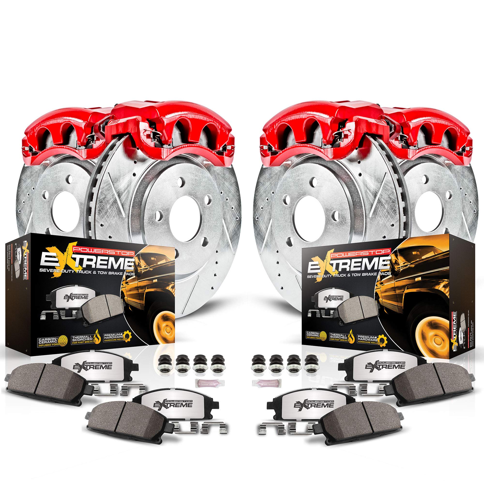 Power Stop Front and Rear KC6820A-36 Z36 Truck and Tow Brake Pad and Rotor Kit with Red Powder Coated Calipers