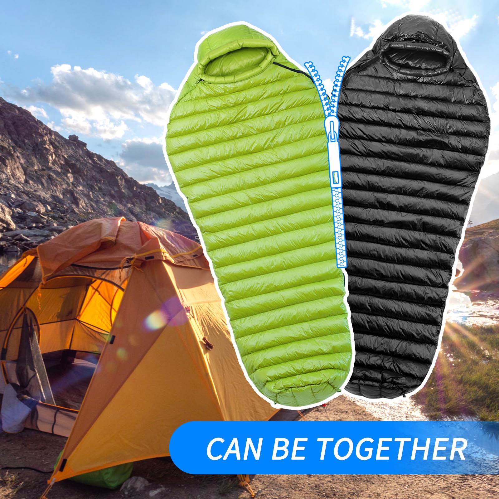 NewDoar Urltra-Light Camping Sleeping Bag 800FP White Goose Down Spring Summer Outdoor Autumn Mummy Sleeping Bag for Hiking Tent (Goose Down Black Blue)