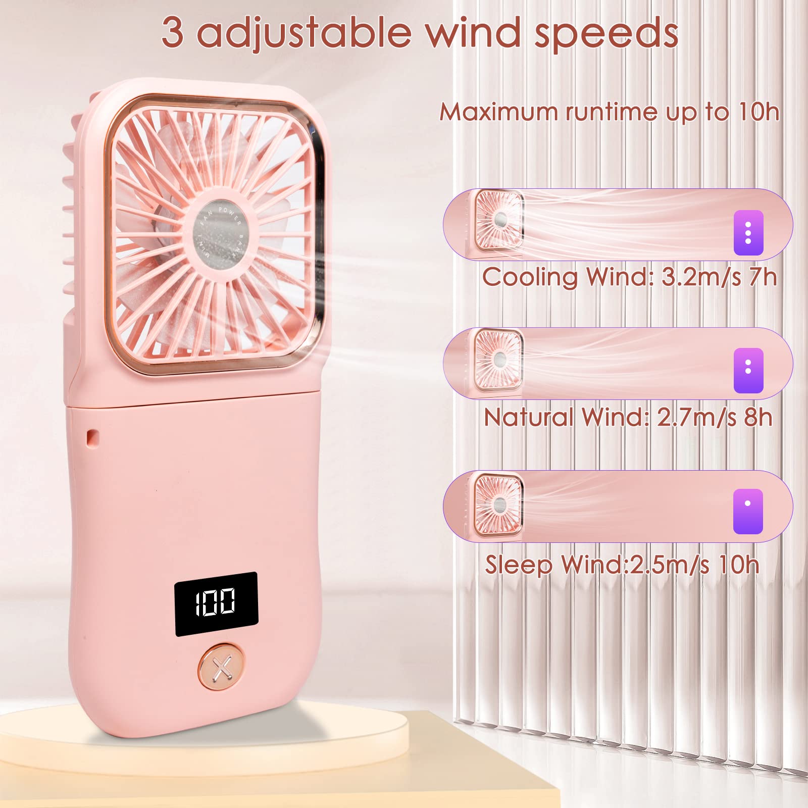Portable Mini Fan, 3000mAh Battery Operated Fan, 3 Speeds Rechargeable Fan, Phone Bracket & Power Bank Function, Foldable Design, Power indicator - Handheld Cooling Fan for Quiet Use (Black)