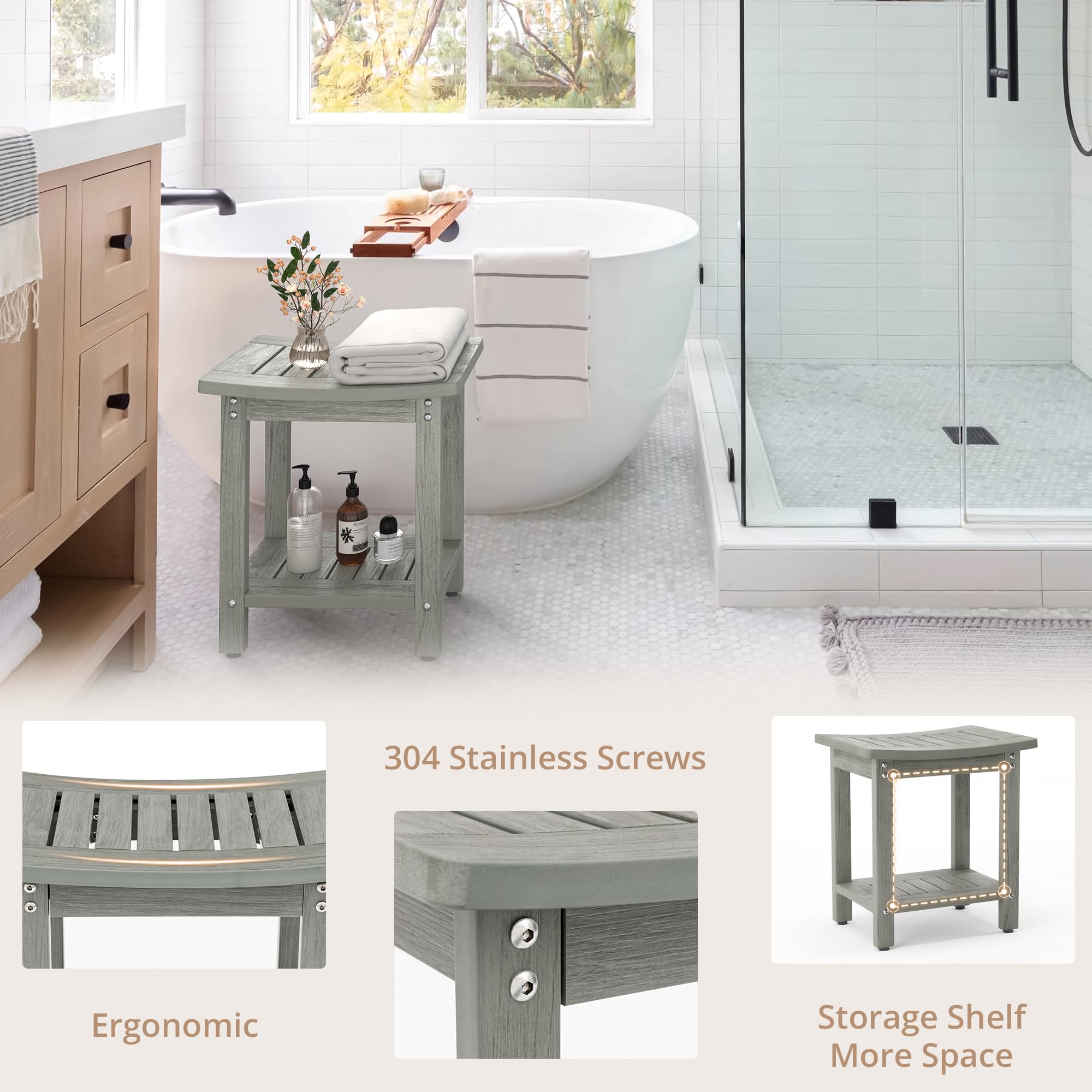 LUE BONA HDPS Shower Bench Seat, Gray Shower Stool for Inside Shower Waterproof, Bath Spa Shower Foot Stool for Shaving Legs with Storage Shelf, Weather Resistant/Non-Slip/Indoor or Outdoor Use