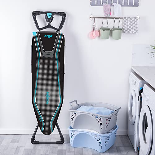 Minky Homecare Ergo Plus Prozone Ironing Board Made in UK Freestanding Full Size Iron Table with Heat Reflective Cover, Thick Felt Underlay and Large 48" x 15" Ironing Surface (Gunmetal and Blue)