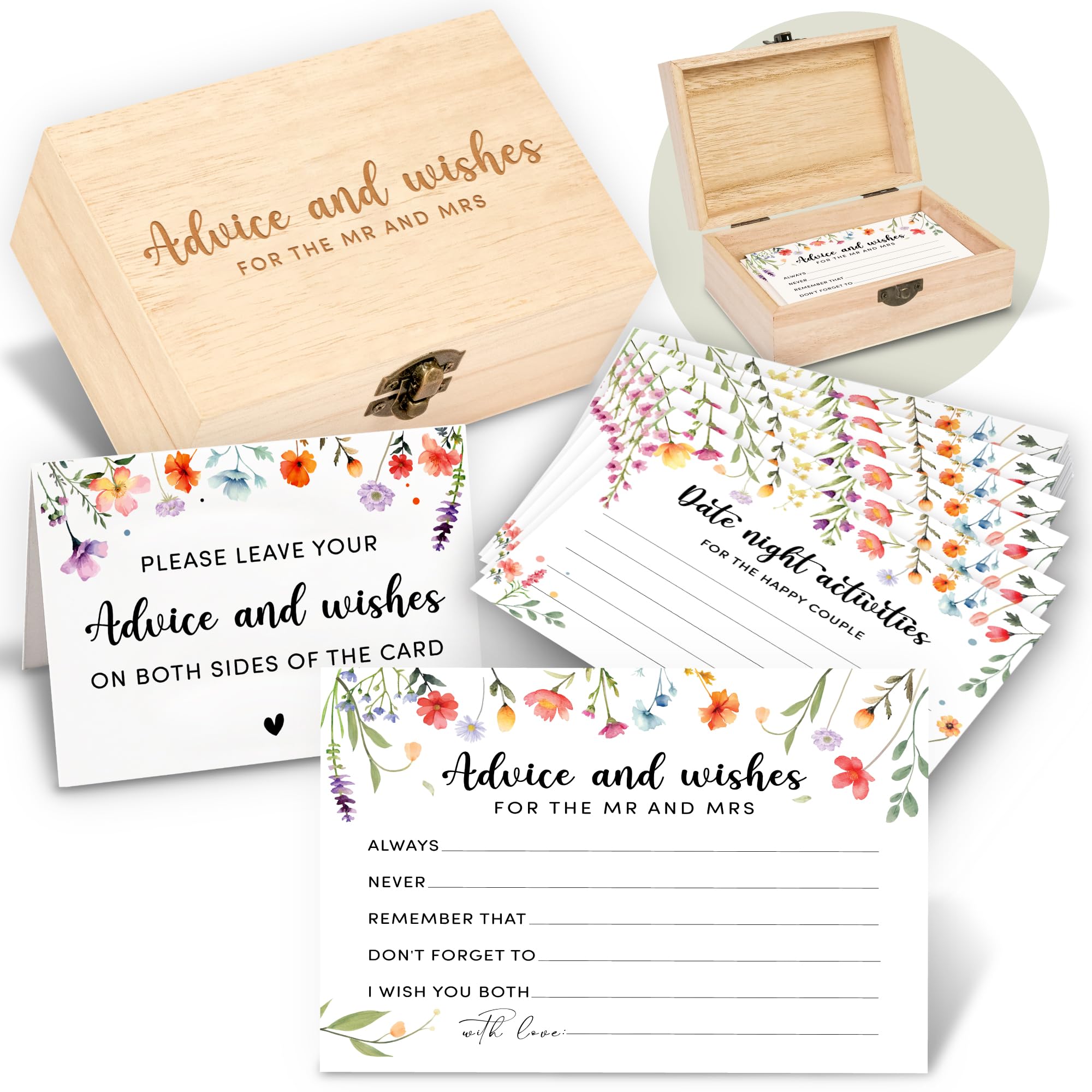 STOFINITY Advice and Wishes for The Mr and Mrs - 50 Pcs Floral Wedding Advice Cards Box, Flower Bridal Shower Advice and Wishes Cards for Bride And Groom, Wildflower Bridal Shower Decorations