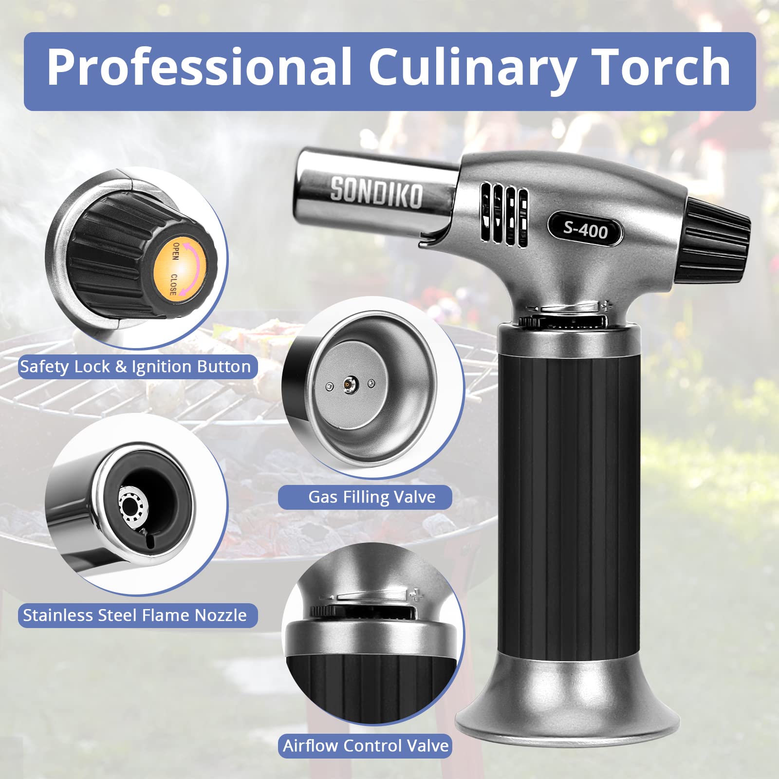 Sondiko Culinary Butane Torch, Black and Gray SP400, Fit All Small Butane Tanks with Safety Lock and Adjustable Flame for Desserts, Creme Brulee(Butane Gas Not Included)