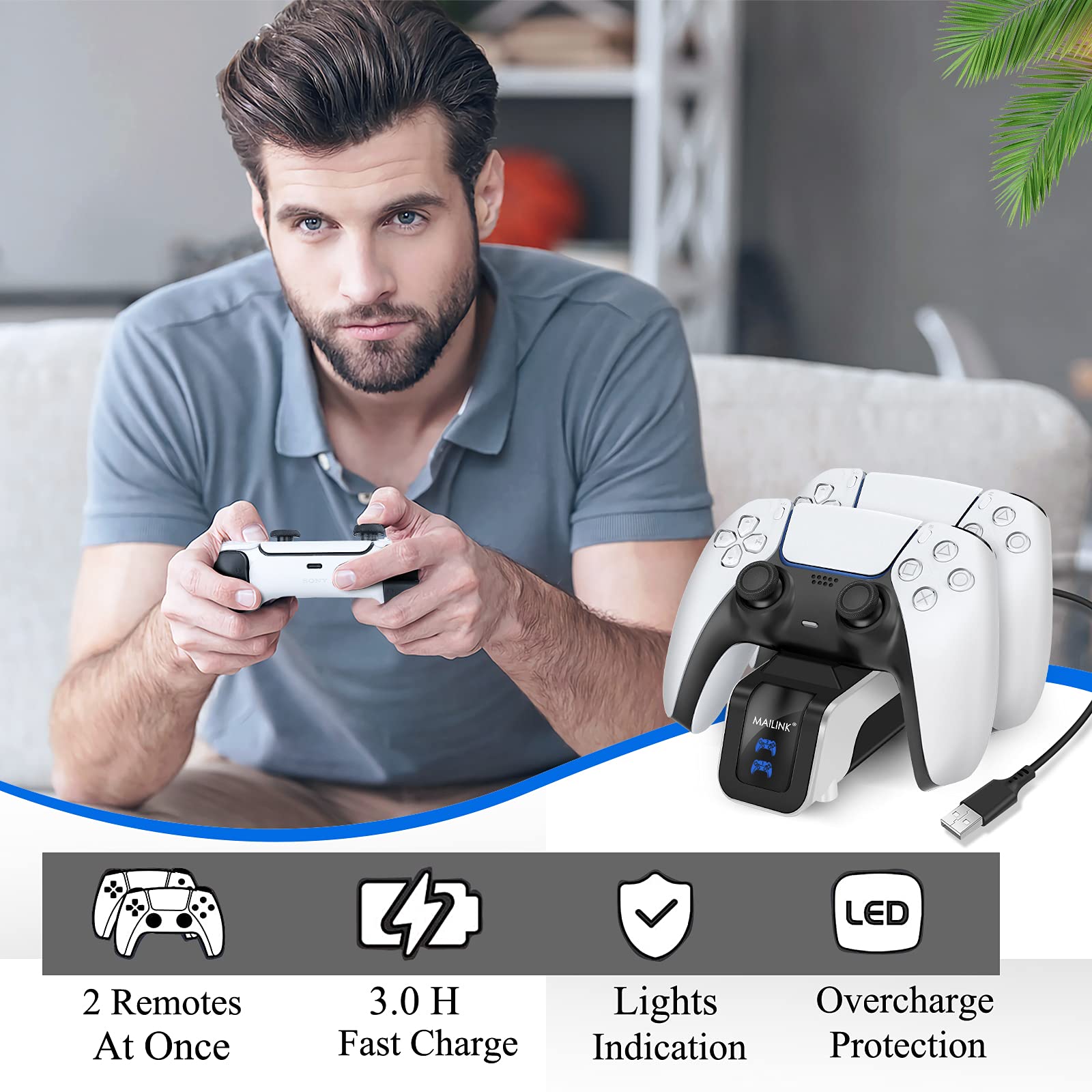 Mailink PS5 Controller Charger, Upgraded PlayStation 5 Charging Station Dock with LED Indicator, Safety Chip Protection, Dual USB Type C Fast Charging, for Sony DualSense Controller, White