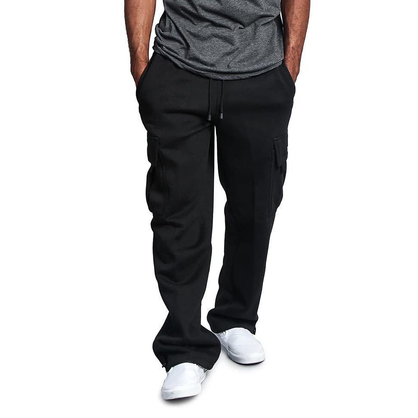Men's Drawstring Sweatpants Elastic Waist Solid Color Loose Trousers with Pocket Athletic Cargo Casual Pants