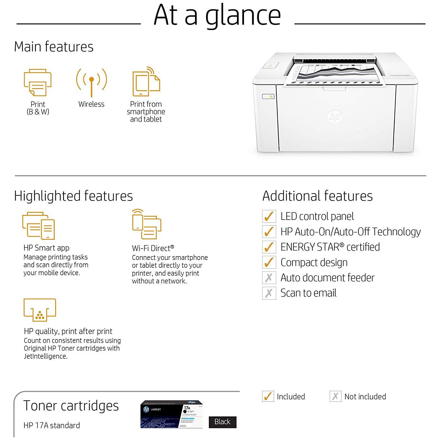 HP Laserjet Pro M102w Wireless Monochrome Single-Function Laser Printer - Print only - 23 ppm, 600 x 600 dpi, Manual Duplex Printing, 8.5 x 14, LED Control Panel, Wi-Fi, USB