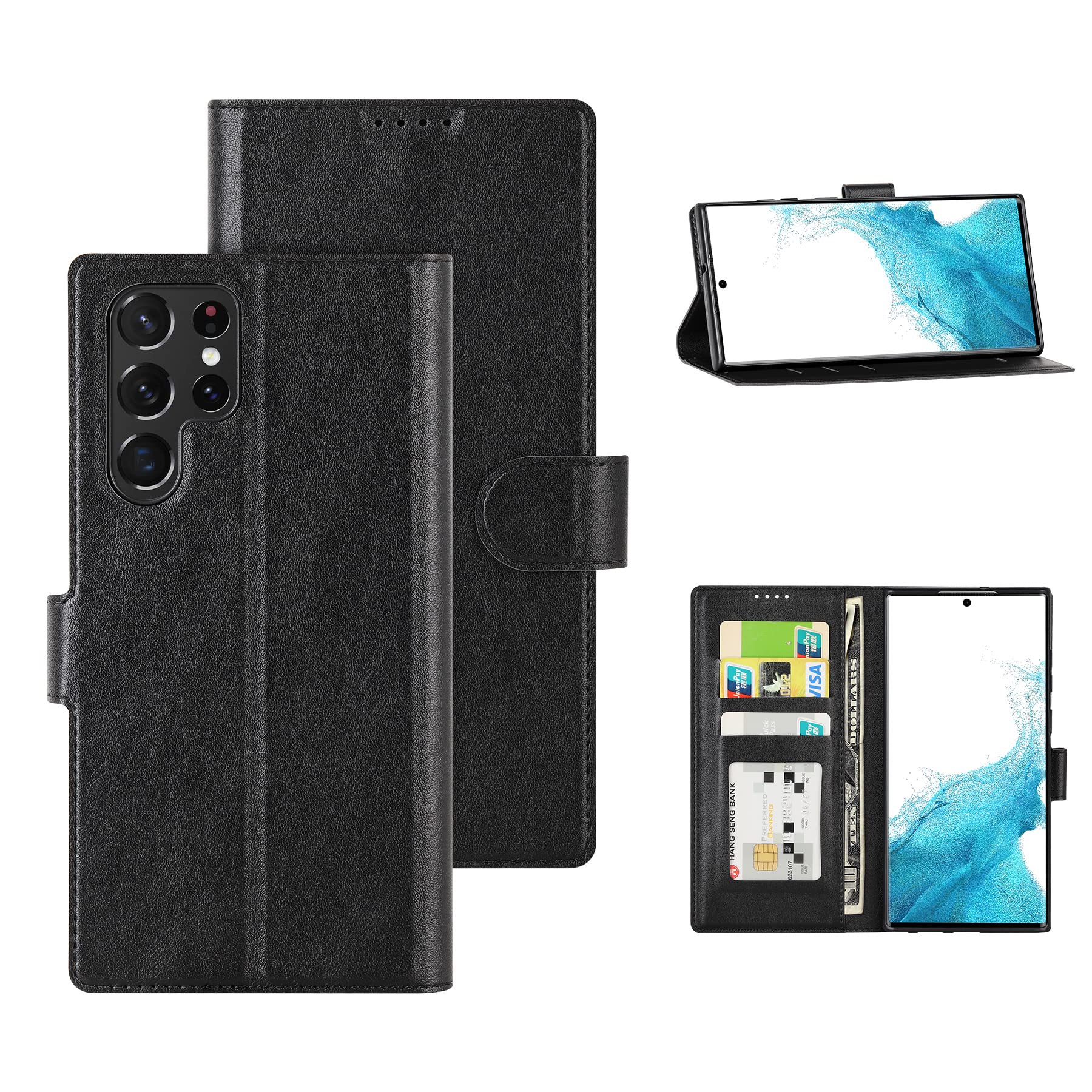 Paton Wallet Case for Samsung Galaxy S22 Ultra,PU Leather Galaxy S22 Ultra 5G Case with Card Holster Stand Magnetic Closure,Shockproof Fold Protective Phone Case for Samsung Galaxy S22 Ultra (Black)