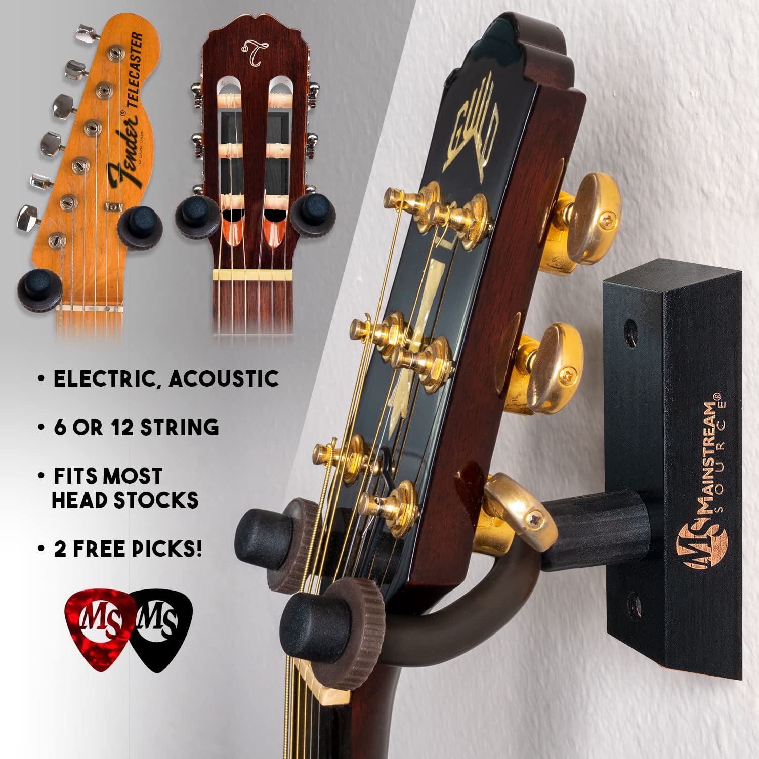 Mainstream Source® Guitar Hanger Cradle and Wall Mount – Guitar Hanger Wall Mount with Padded Cradle and Large Wooden Base, Great for Electric, Bass, or Acoustic Guitars (Black Wood, Pack of 1)