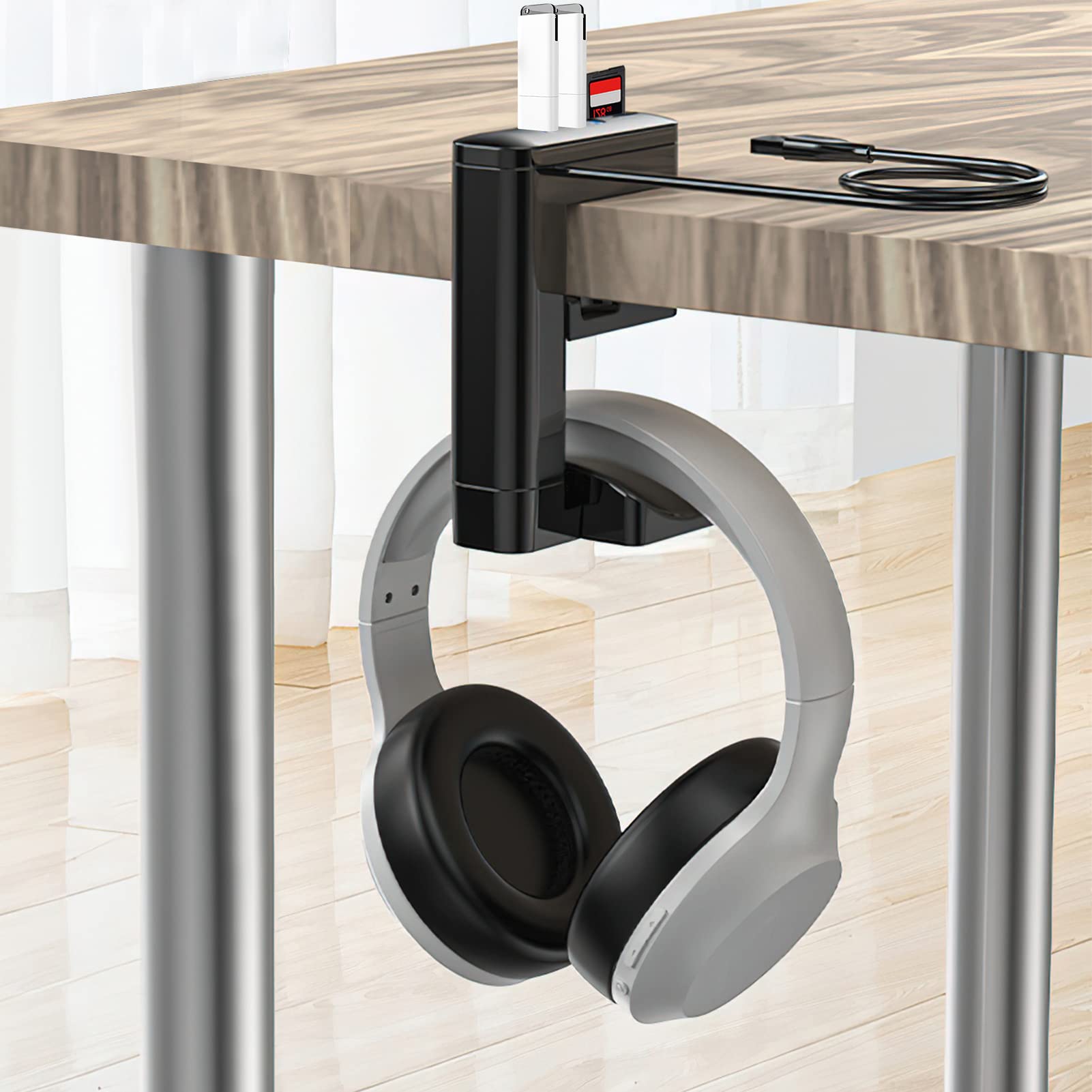 Mystery Headset Holder with Hub - Multi-Function Headphone Hanger Hook with USB Hub & Memory Card Readers -Under Desk Headphone Stand Mount for Office, Computer File Transfer, PC Accessories