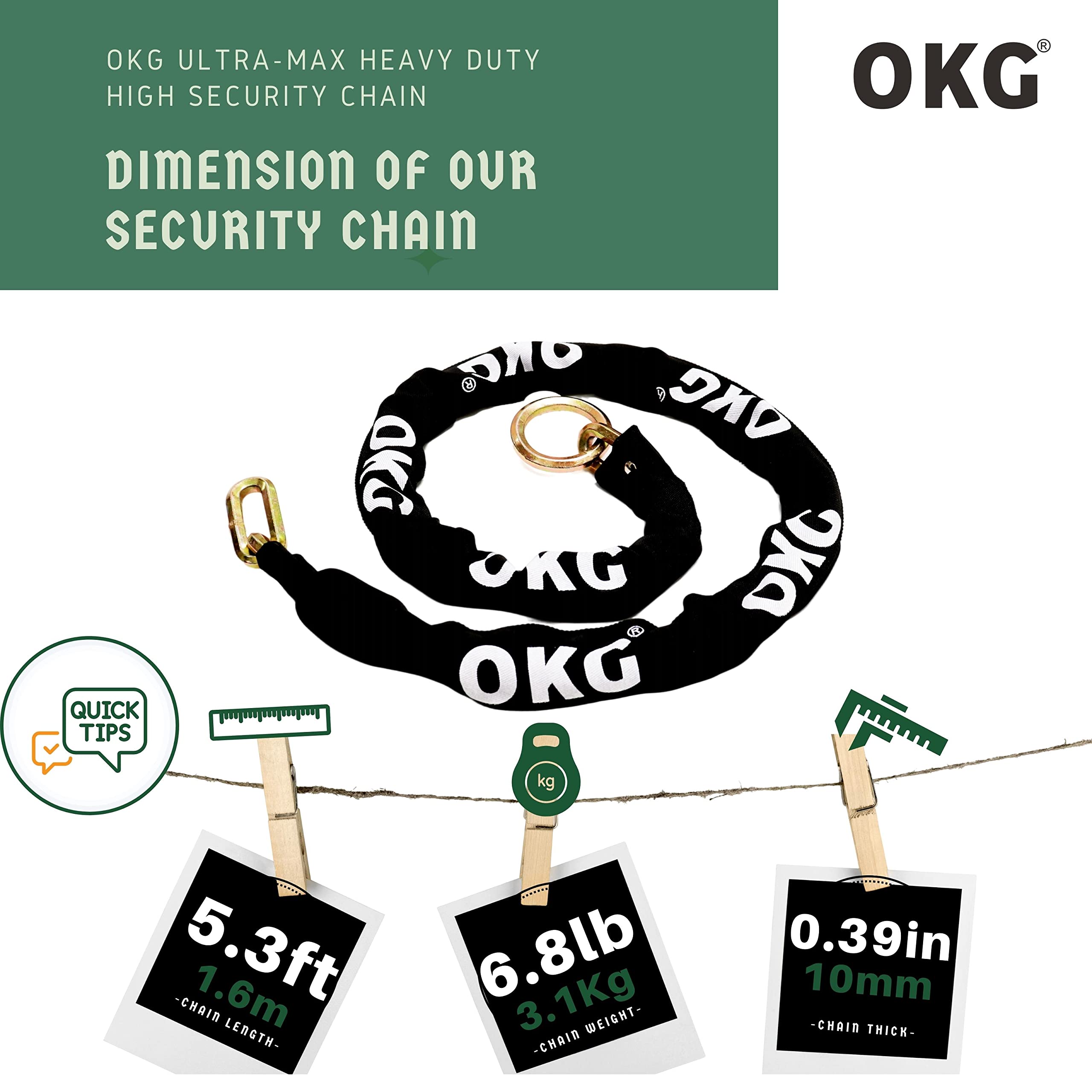 OKG Hardened Steel 4.3 Foot x 3/8" (10mm) Thick Hexagonal Heavy Duty Security Chain for Bicycles, Motorcycles, Trailers, E-Cargo Bikes, Generators, ATV's, etc.
